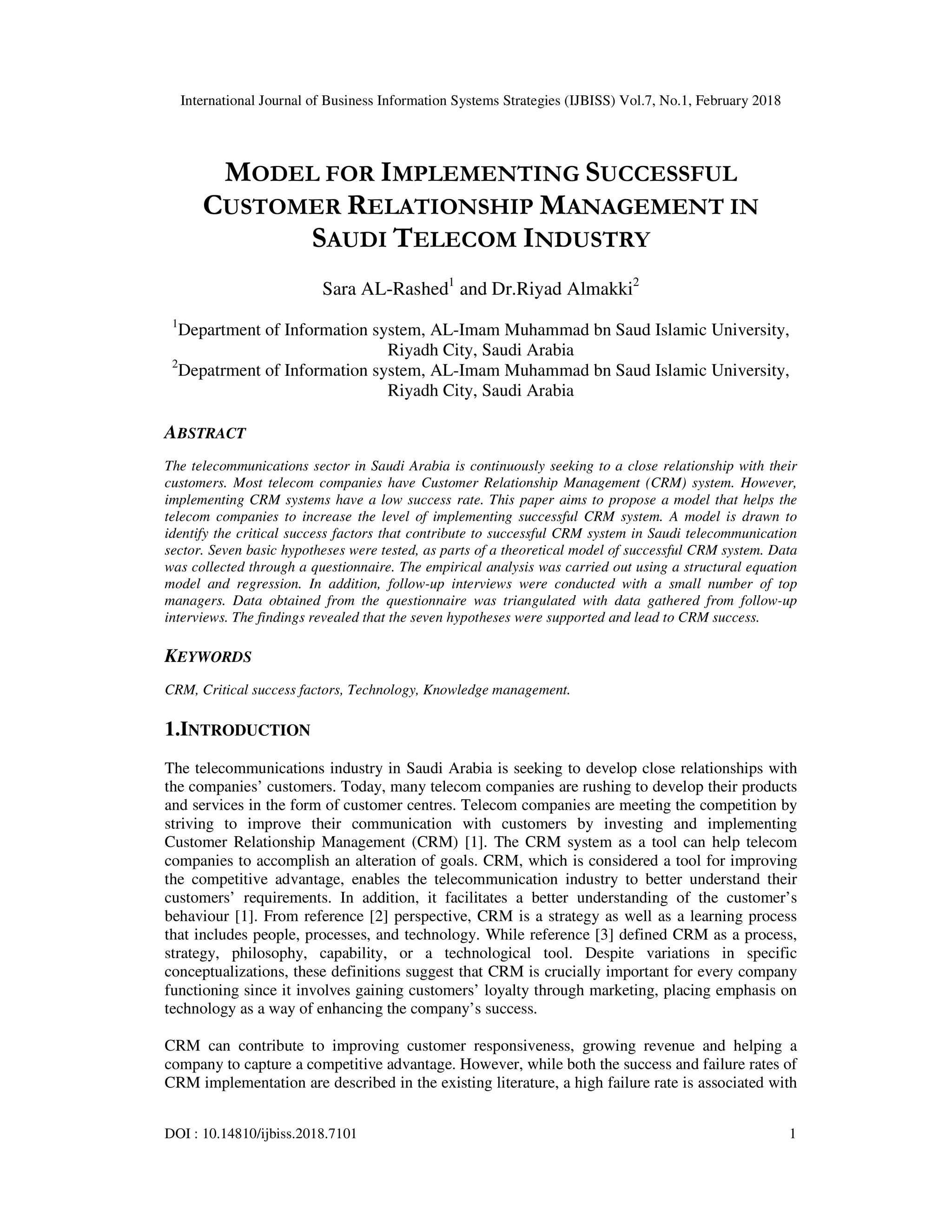 Model for Implementing Successful Customer Relationship Management in Saudi Telecom Industry | PDF