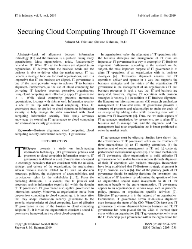 Securing Cloud Computing Through IT Governance | PDF