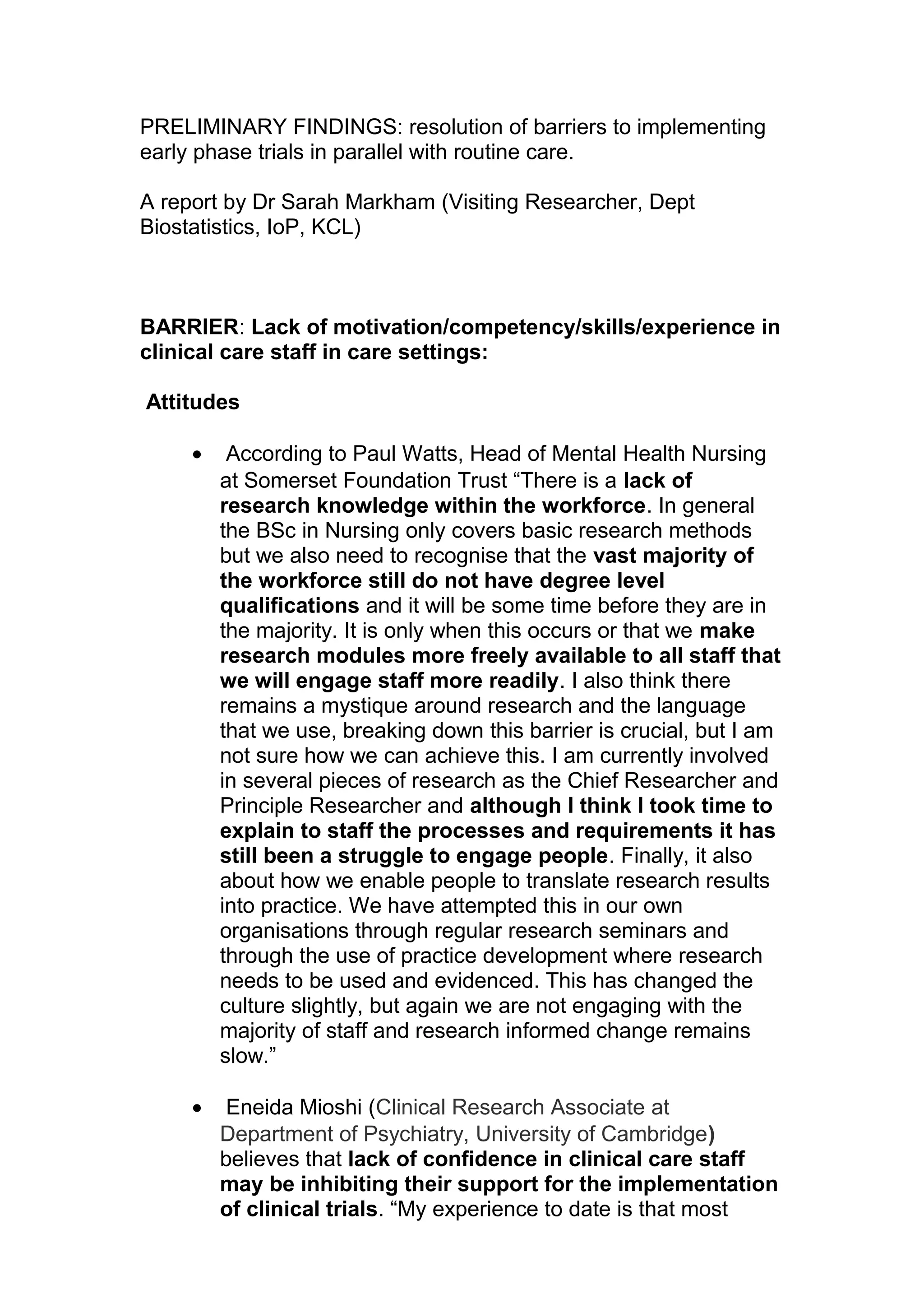 PRELIMINARY FINDINGS BARRIERS TO THE IMPLEMENTATION OF EARLY PHASE ...
