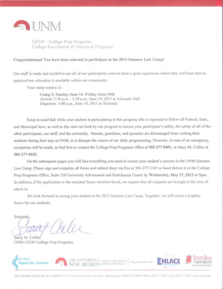 UNM Summer Camp Acceptance Letter | PDF