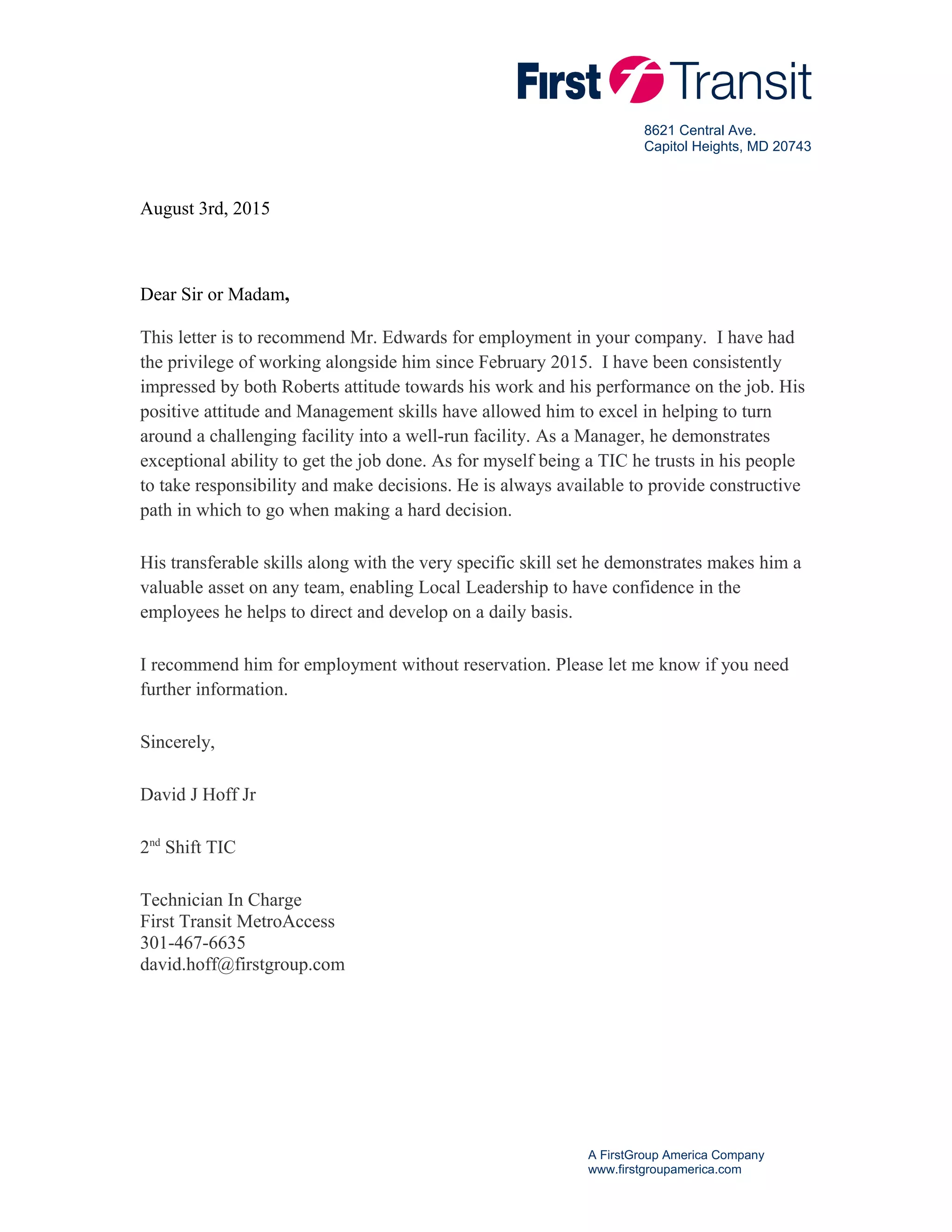 David Hoff reference Letter | DOC