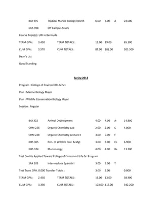 URI Unofficial Transcript | PDF