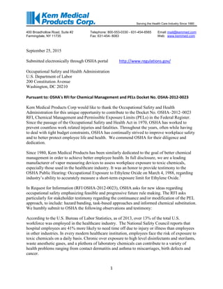 Kem Medical Response to OSHA RFI Docket No OSHA-2012-0023 | PDF