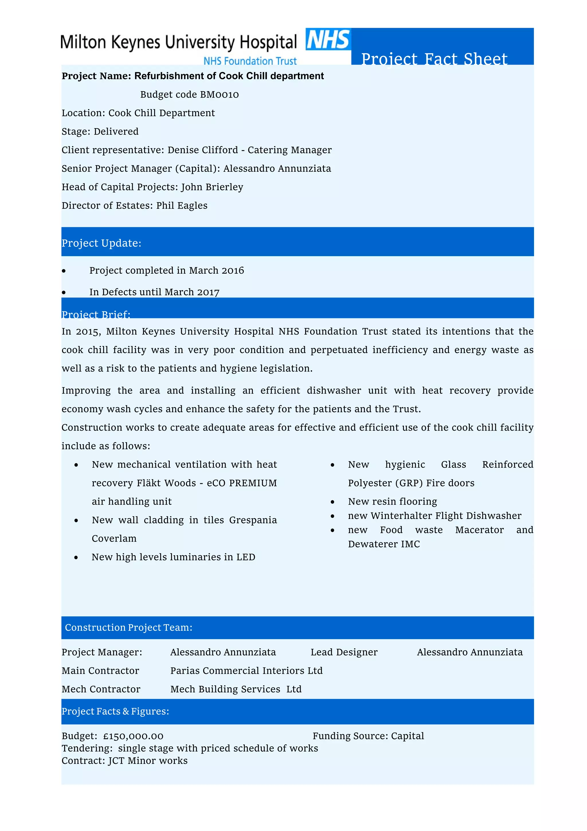 MKUH Cook Chill Project Fact Sheet 2015 | PDF