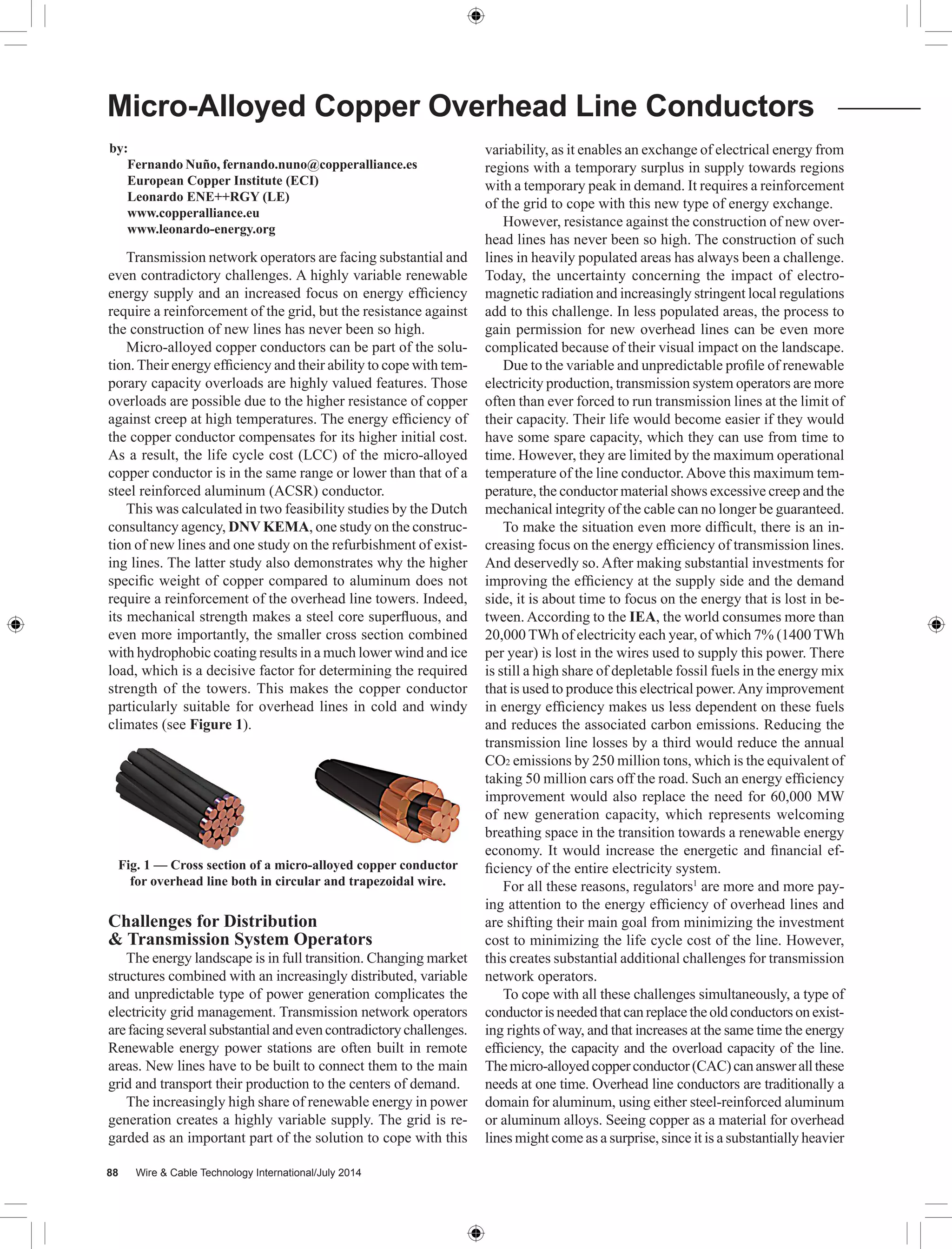 Micro-alloyed copper overhead line conductors - Wire & Cable Technology ...