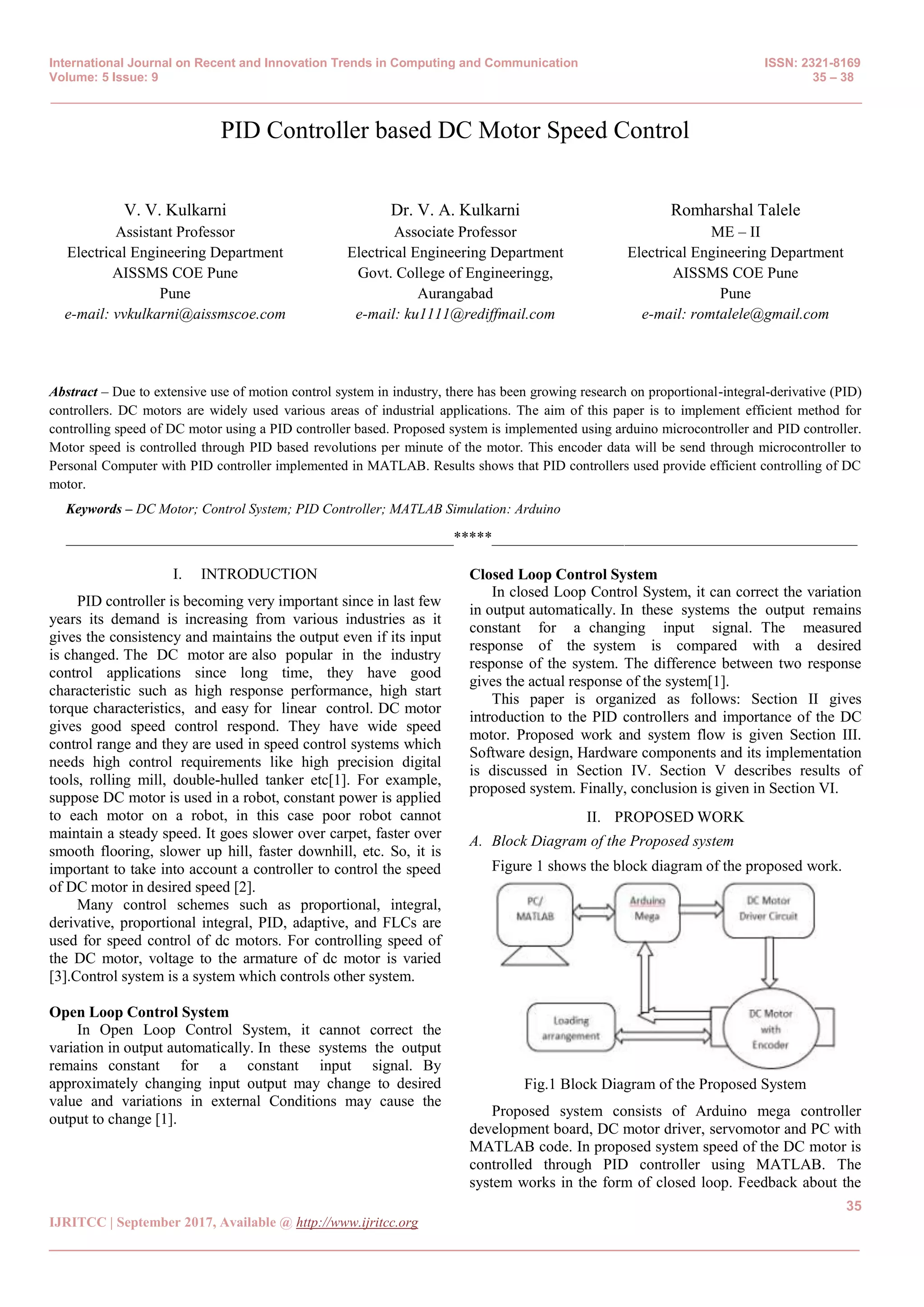 Pid Controller Based Dc Motor Speed Control Pdf Operating Systems