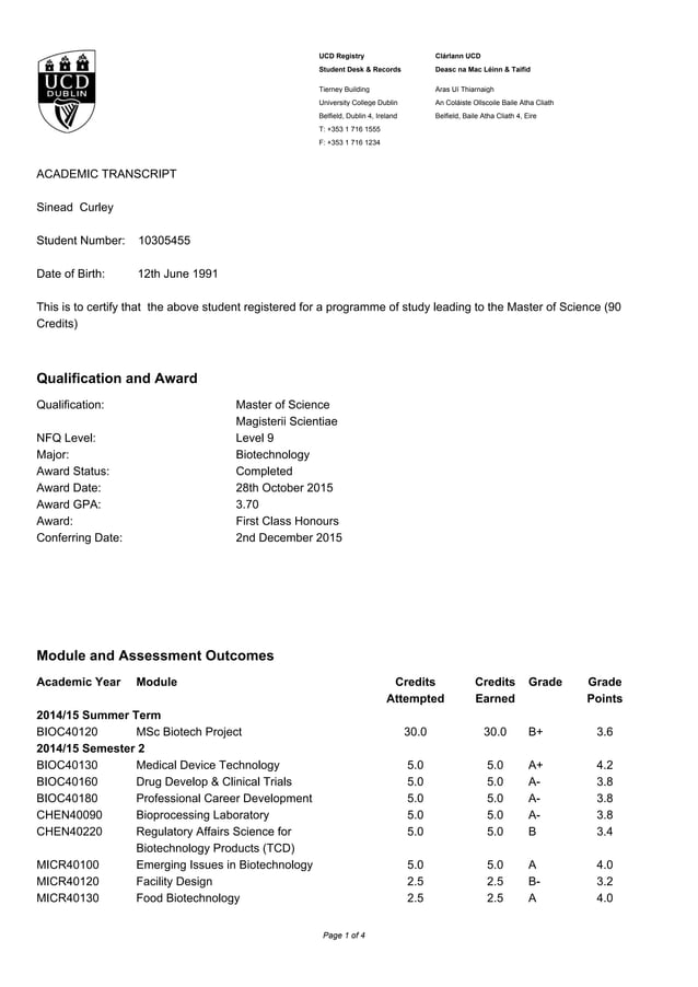 Masters Academic Transcript | PDF | College Education | Education