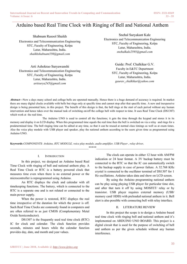 Arduino based Real Time Clock with Ringing of Bell and National Anthem | PDF