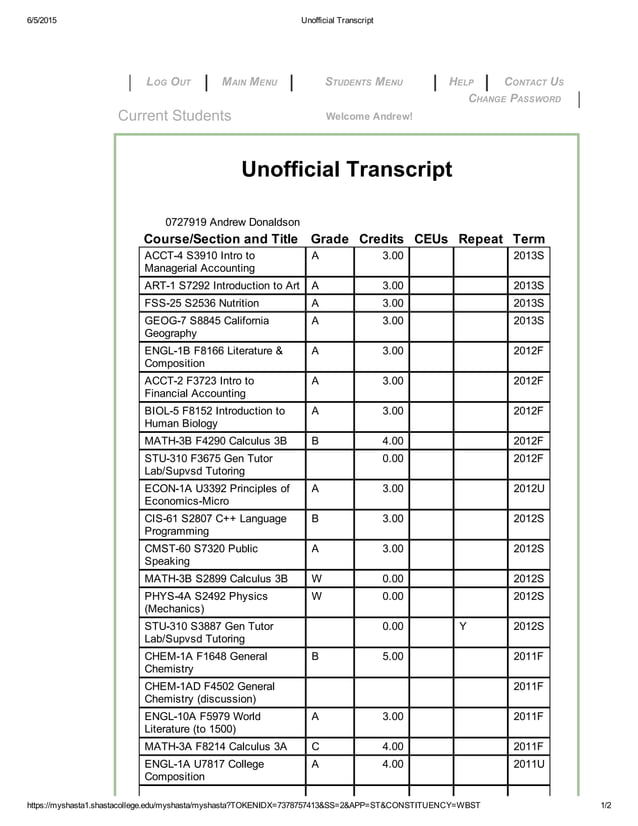 Unofficial Transcript | PDF