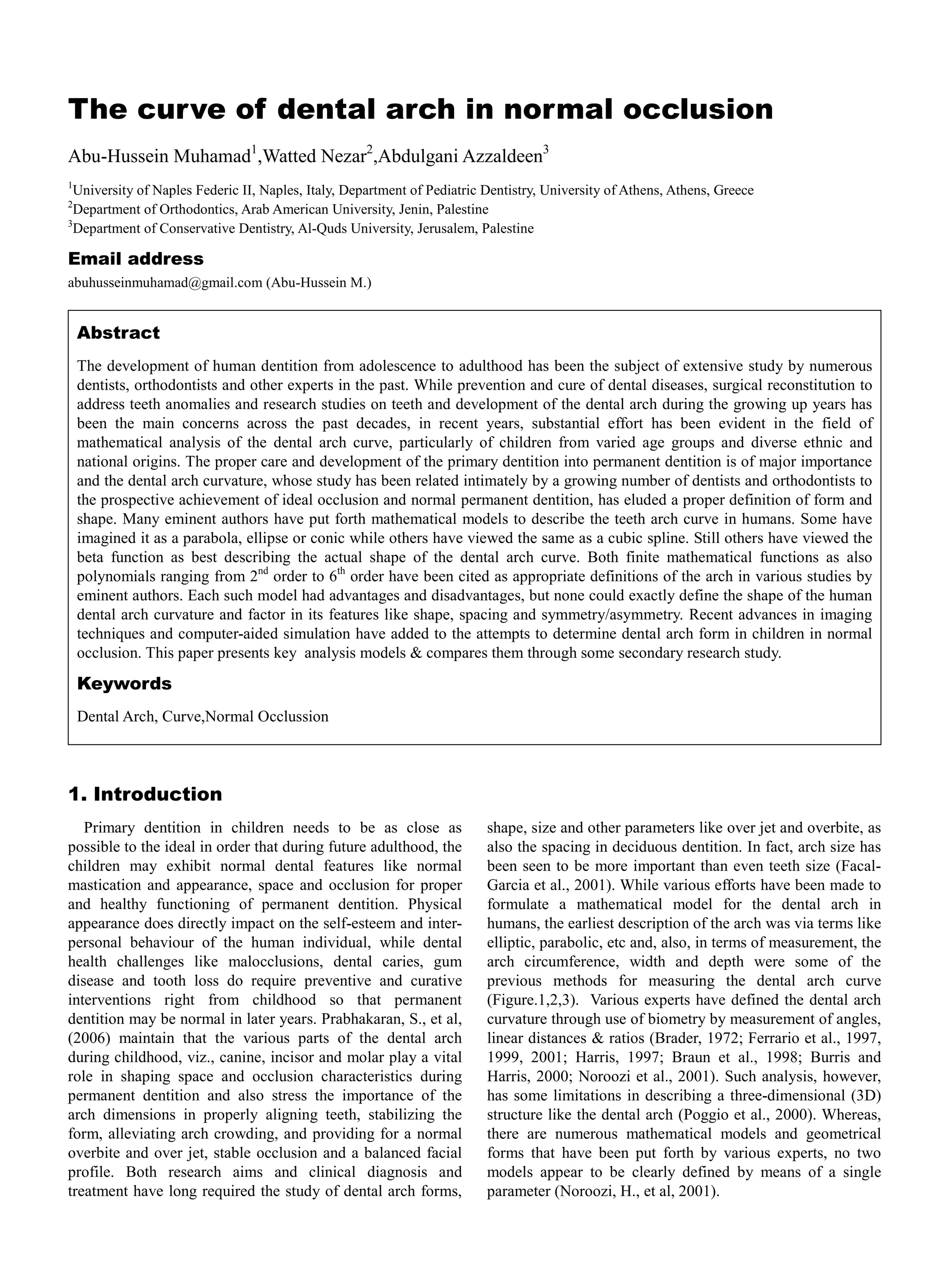 The curve of dental arch in normal occlusion | PDF