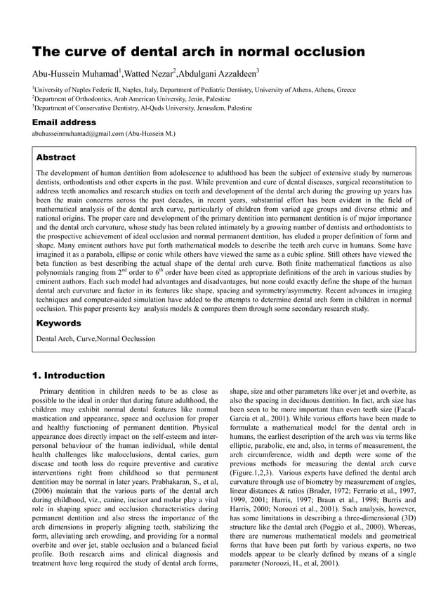 The curve of dental arch in normal occlusion | PDF
