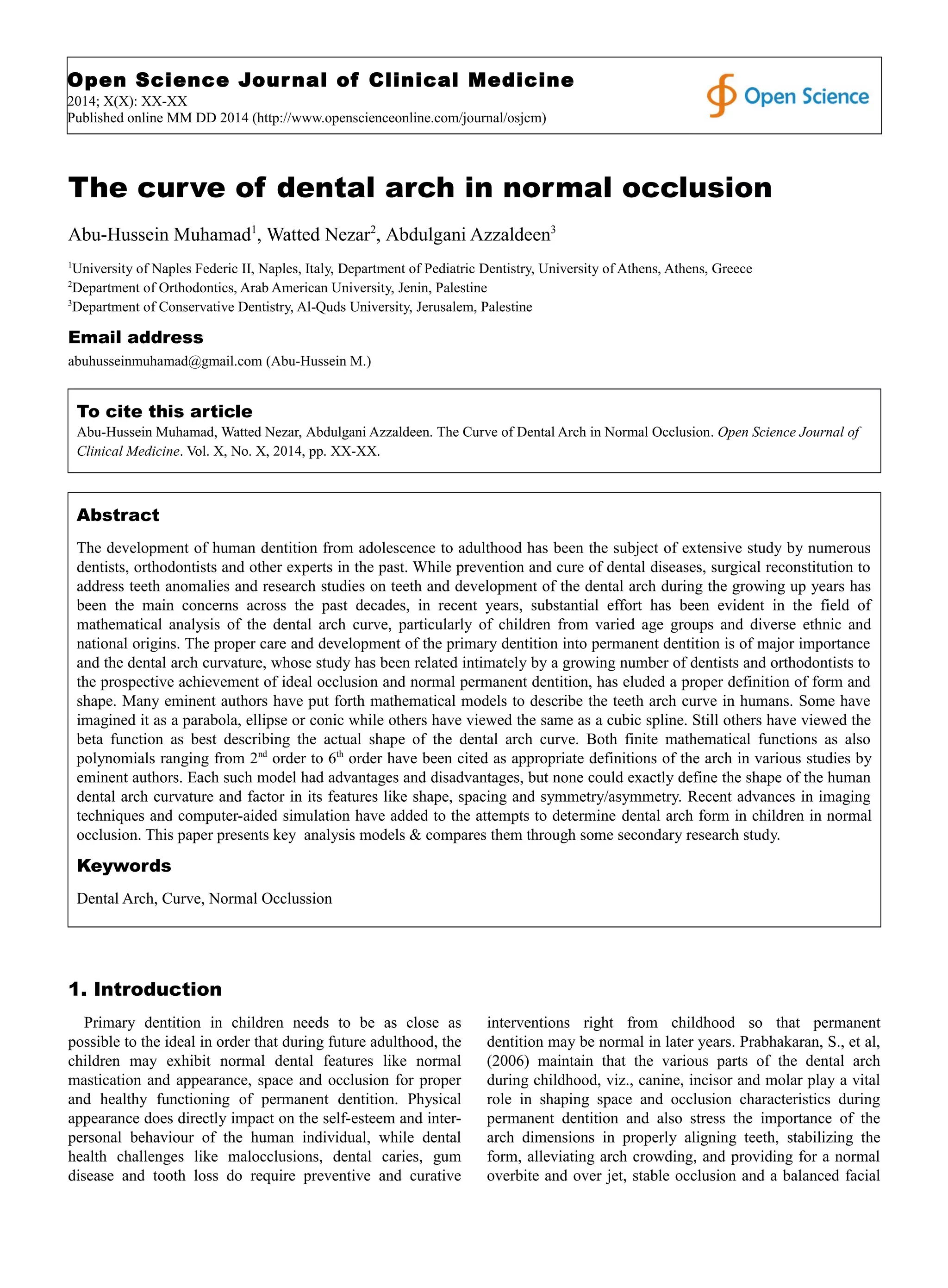 The curve of dental arch in normal occlusion | DOC