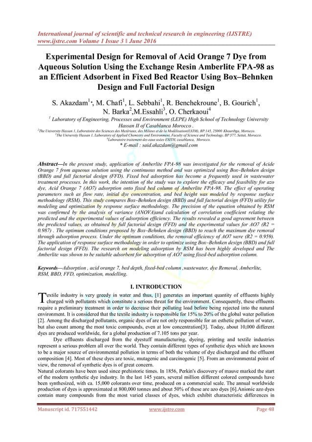 Experimental Design for Removal of Acid Orange 7 Dye from Aqueous Solution Using the Exchange ...