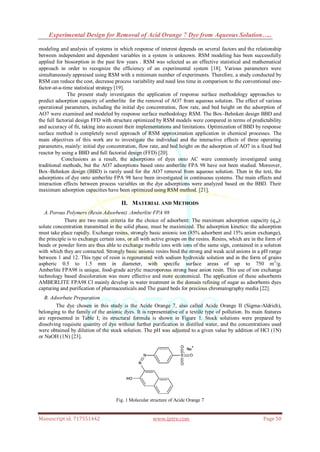 Experimental Design for Removal of Acid Orange 7 Dye from Aqueous ...