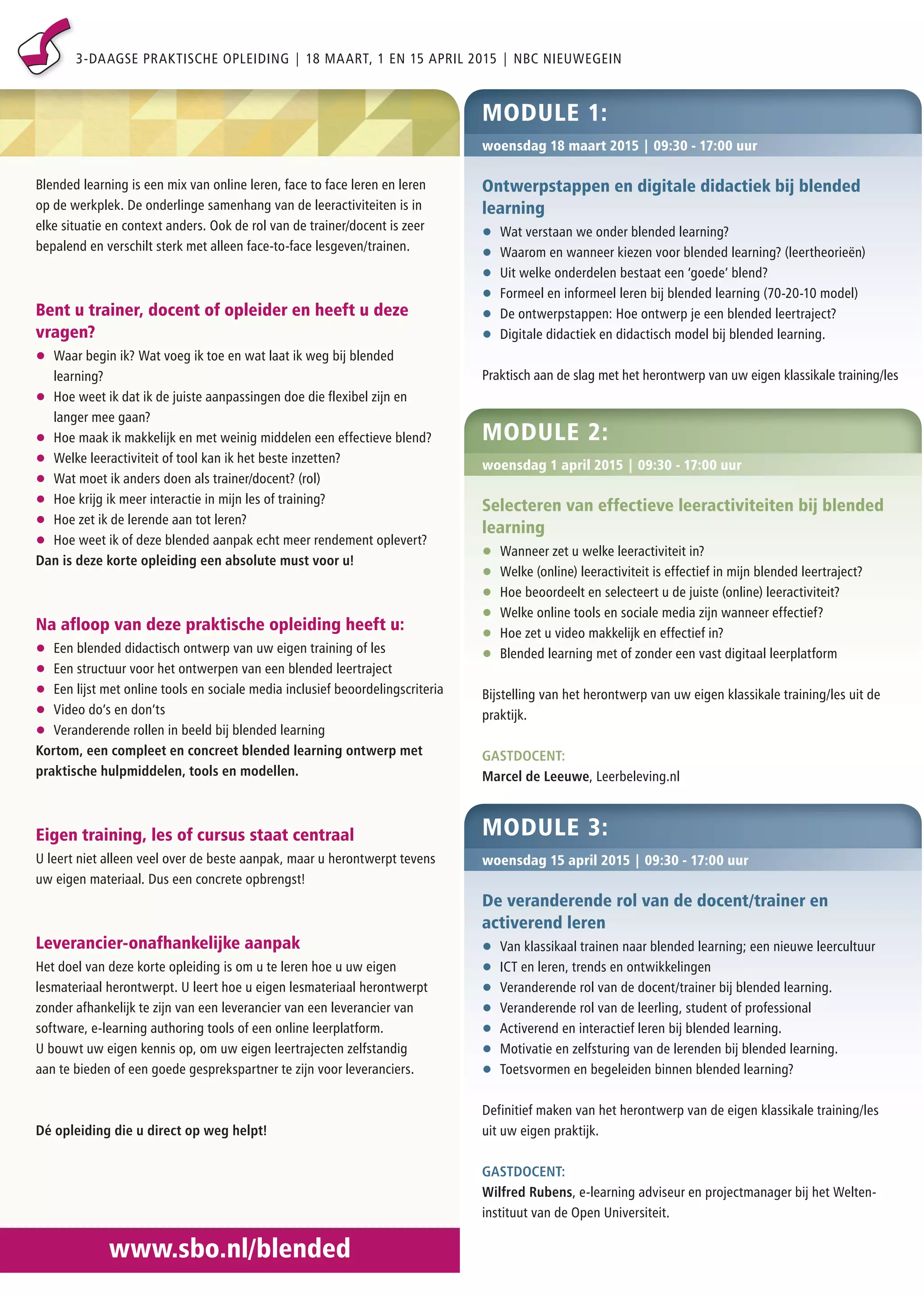 SBO - Praktische Opleiding Blended Learning Design (2015- voorjaar) | PDF