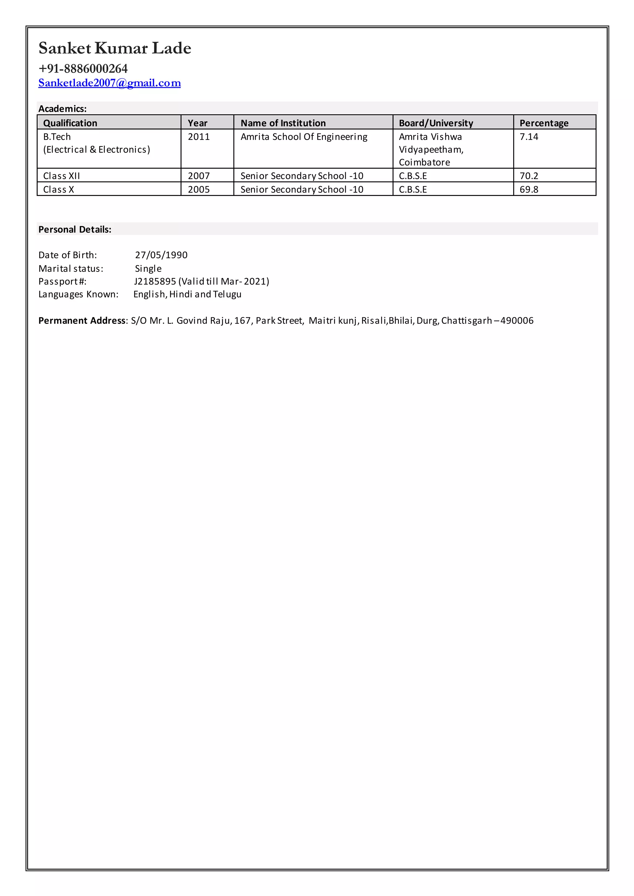 Sanket Kumar Lade Resume | PDF Sanket Kumar Lade Resume | PDF