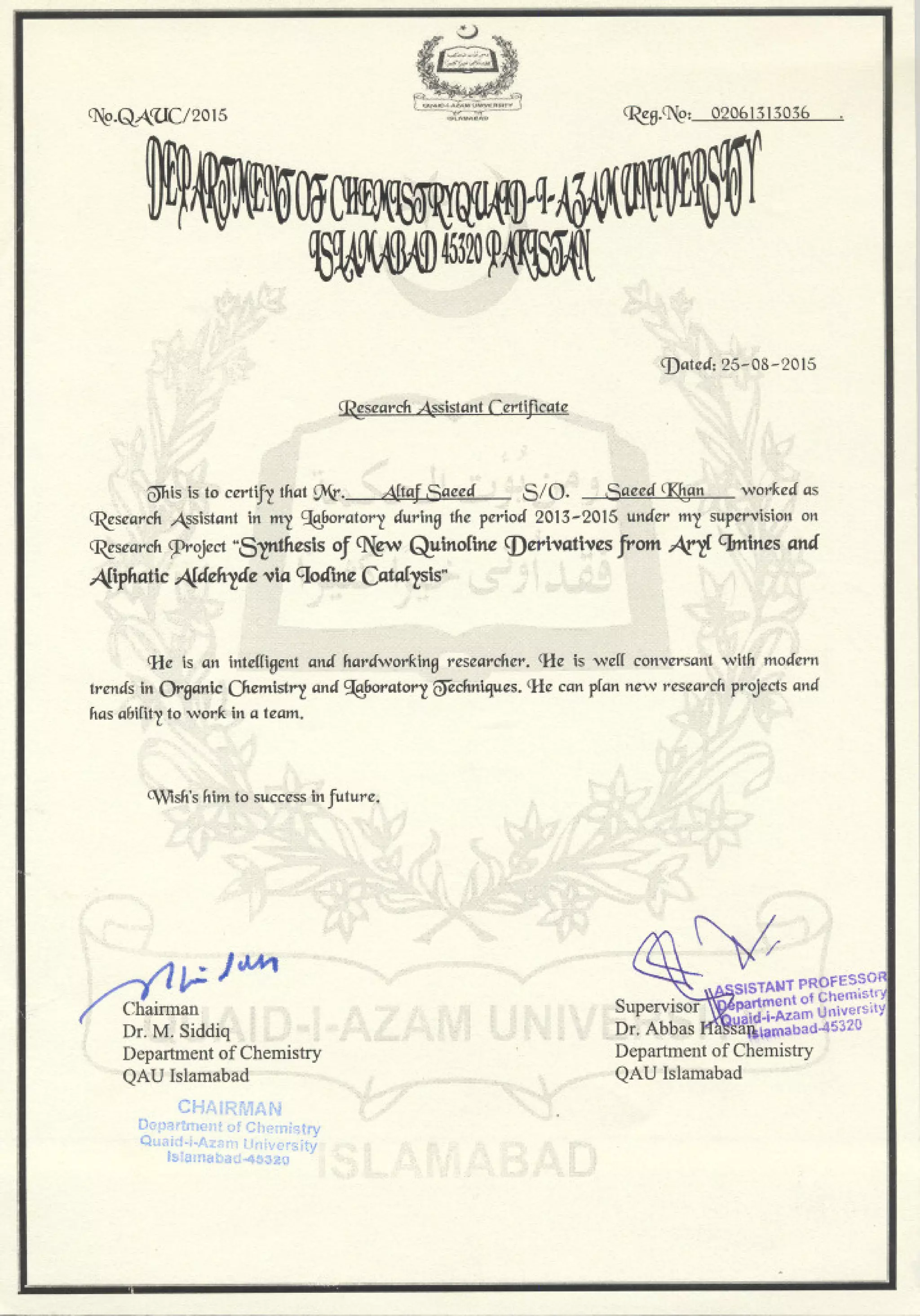 (8) Research Assistant Certificate | PDF