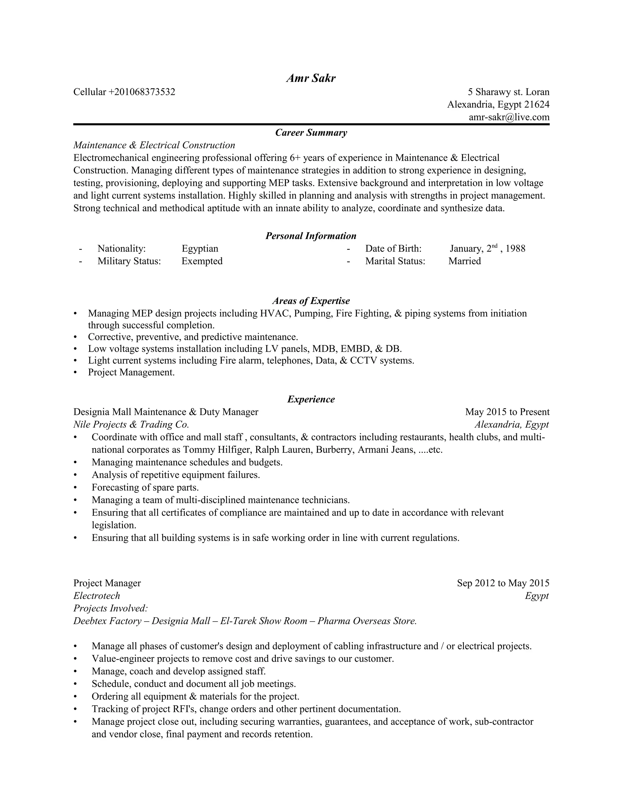 MEP Engineer Amr Sakr Resume | DOC