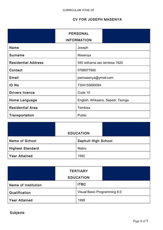 Joseph Masenya - cv 2016(last updated 2016) | DOC