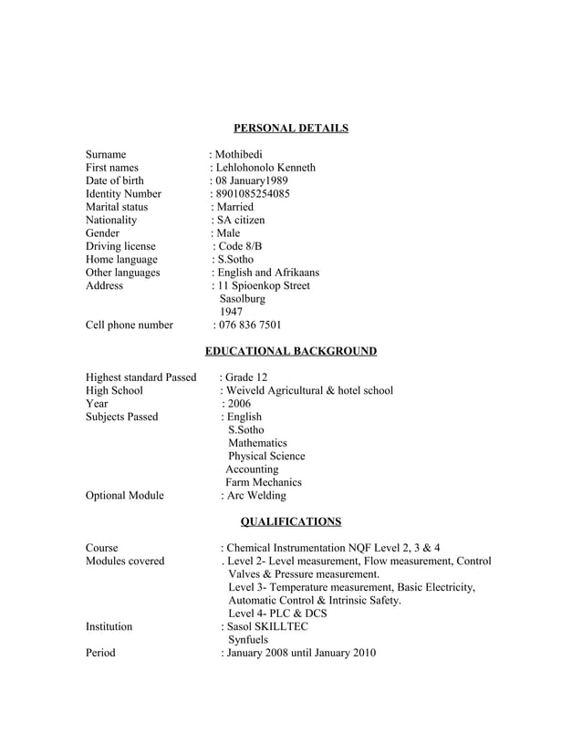 Kenneth Mothibedi CV. | DOC | Hobbies & Interests