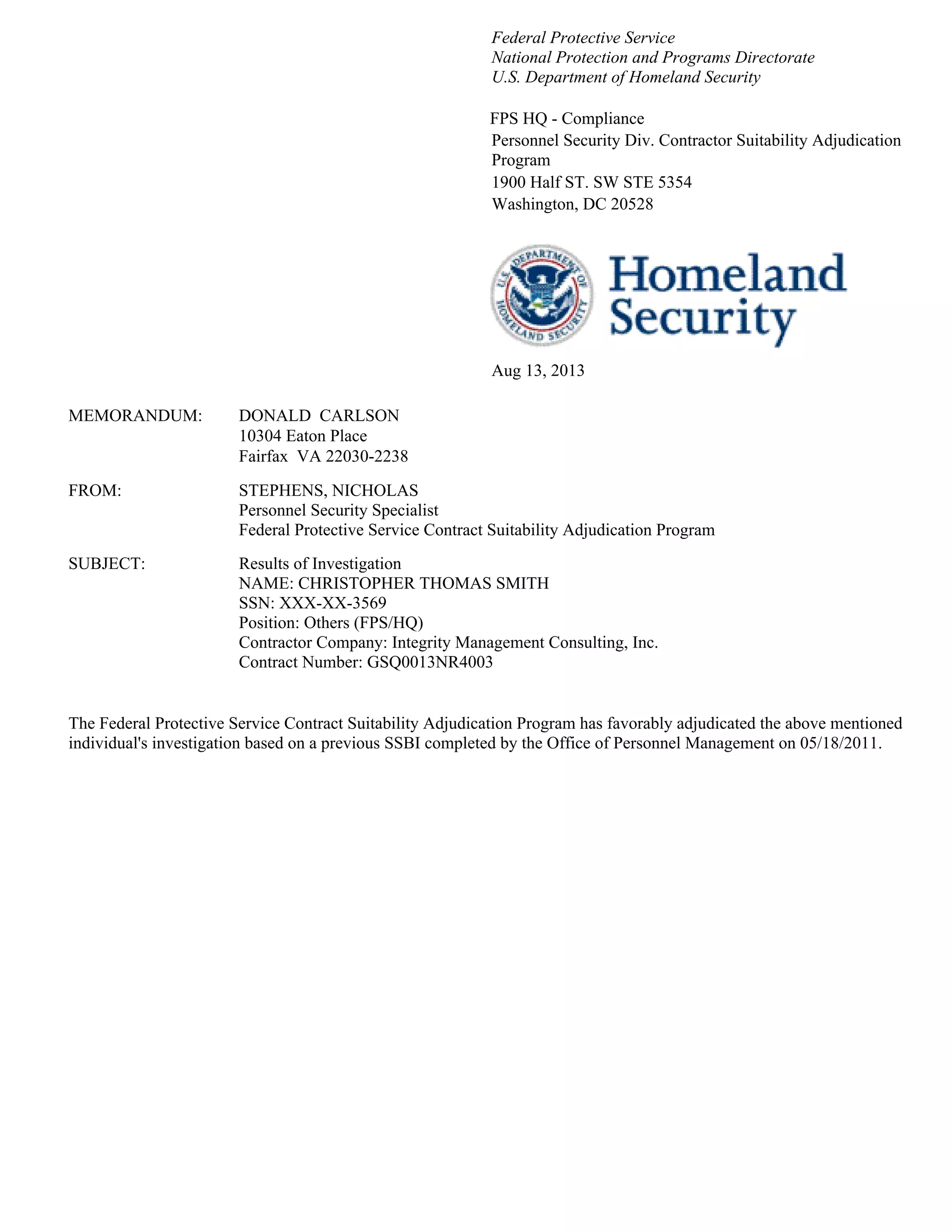 DHS FPS contract suitability favorable adjudication 130813 | PDF