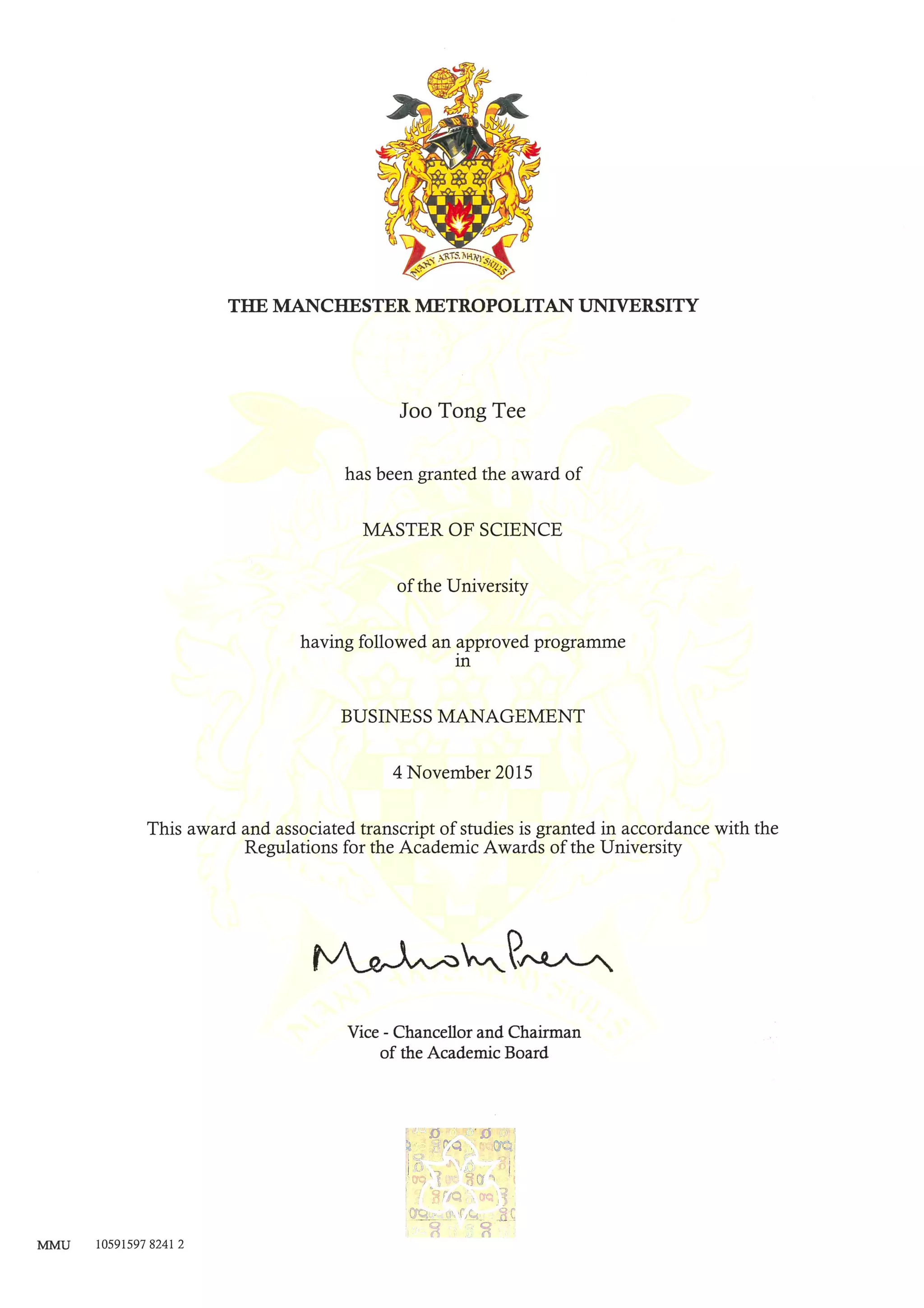 MMU Certificate 2015 Business Management | PDF