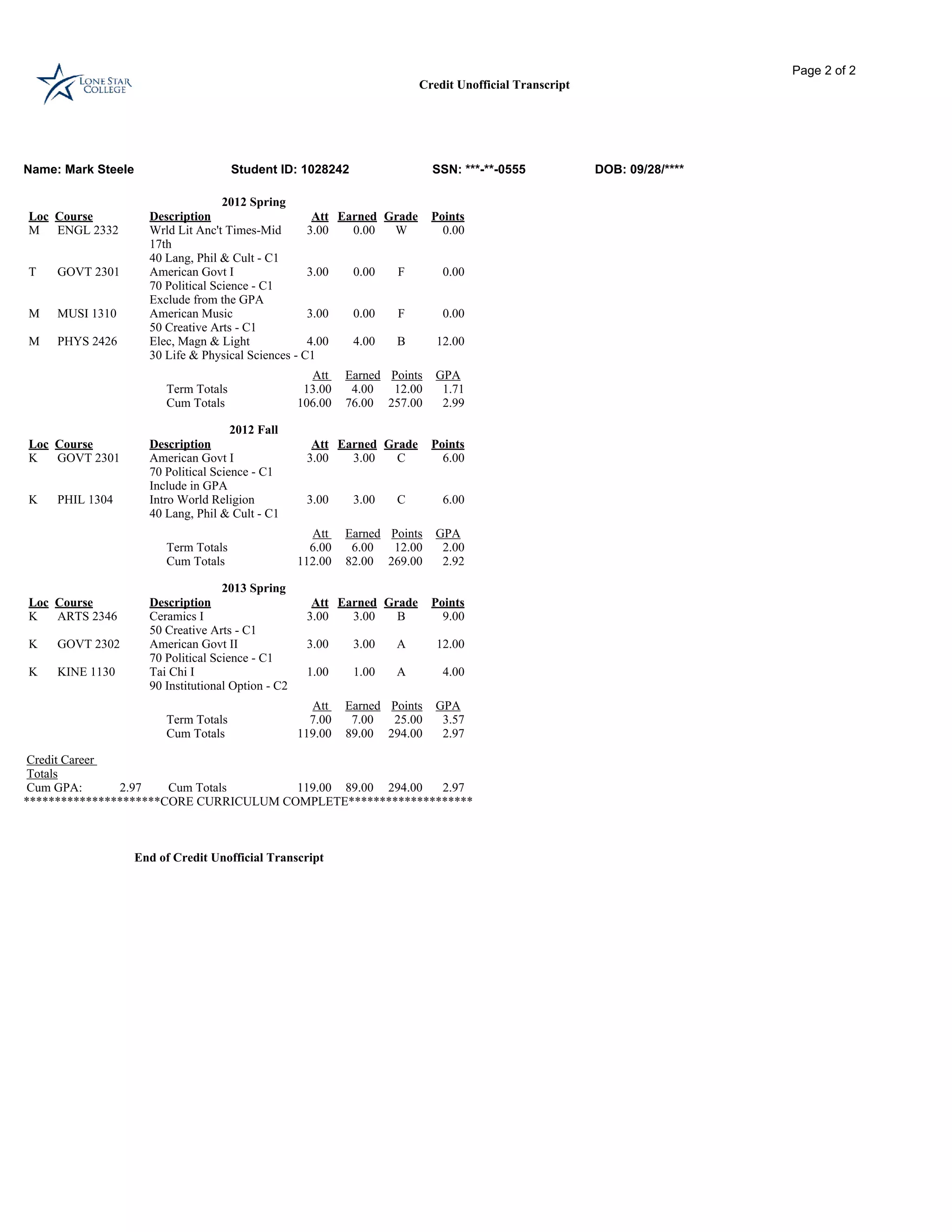 Lone Star college Unofficial transcript 2015 | PDF
