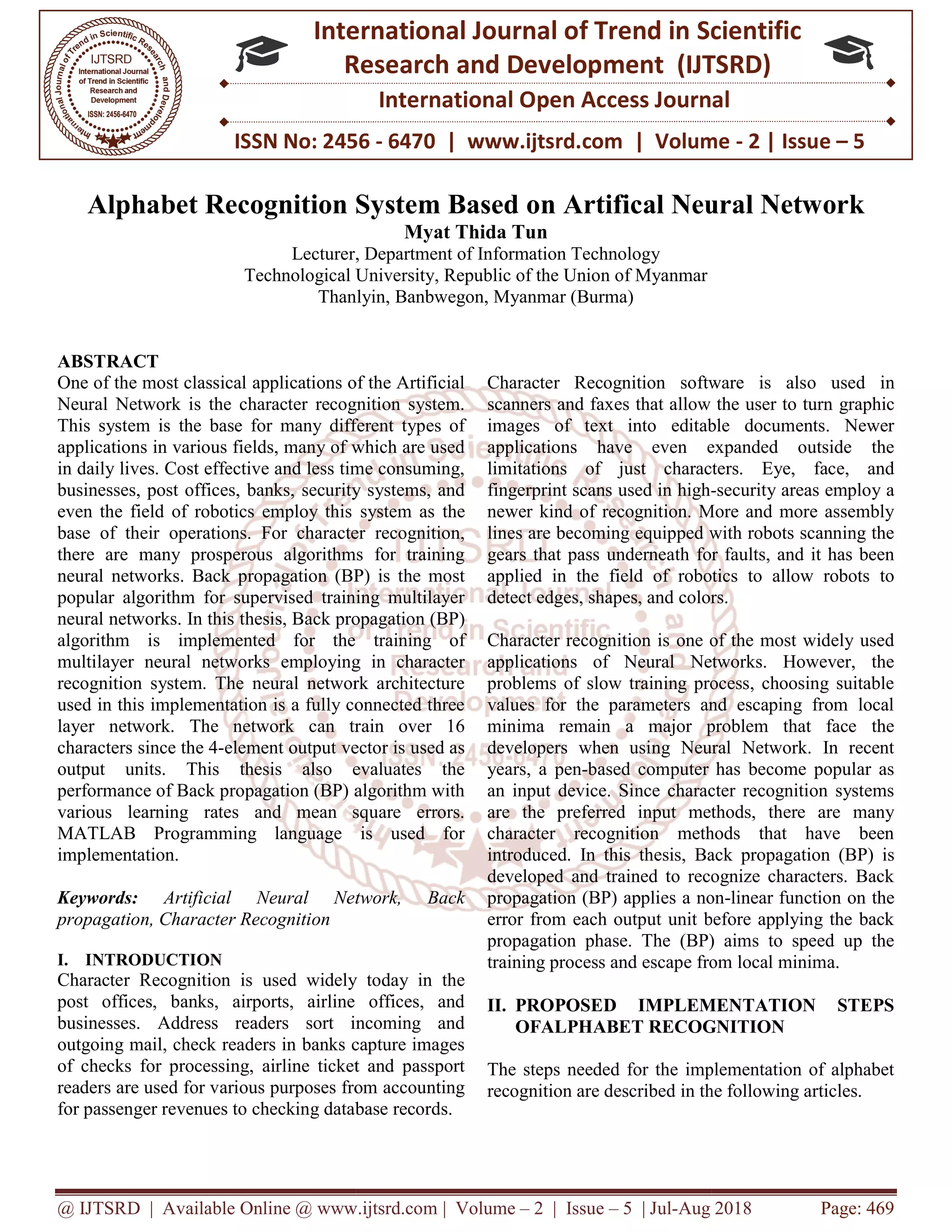 Alphabet Recognition System Based on Artifical Neural Network | PDF