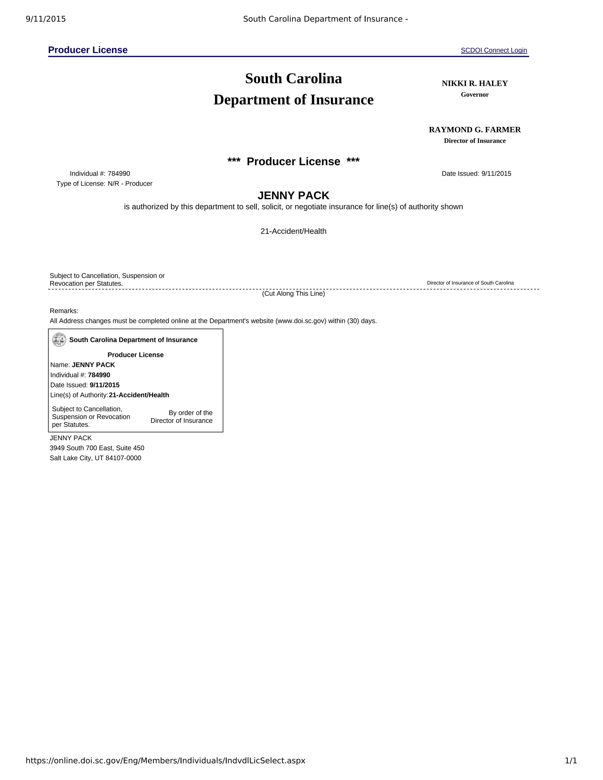 South Carolina Department of Insurance License- | PDF