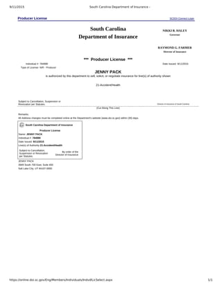 South Carolina Department of Insurance License- | PDF