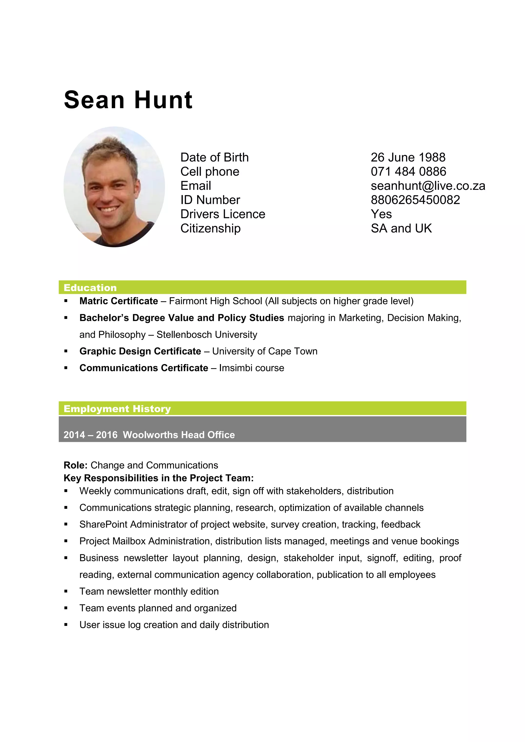 1.Sean Hunt CV 2016 | PDF