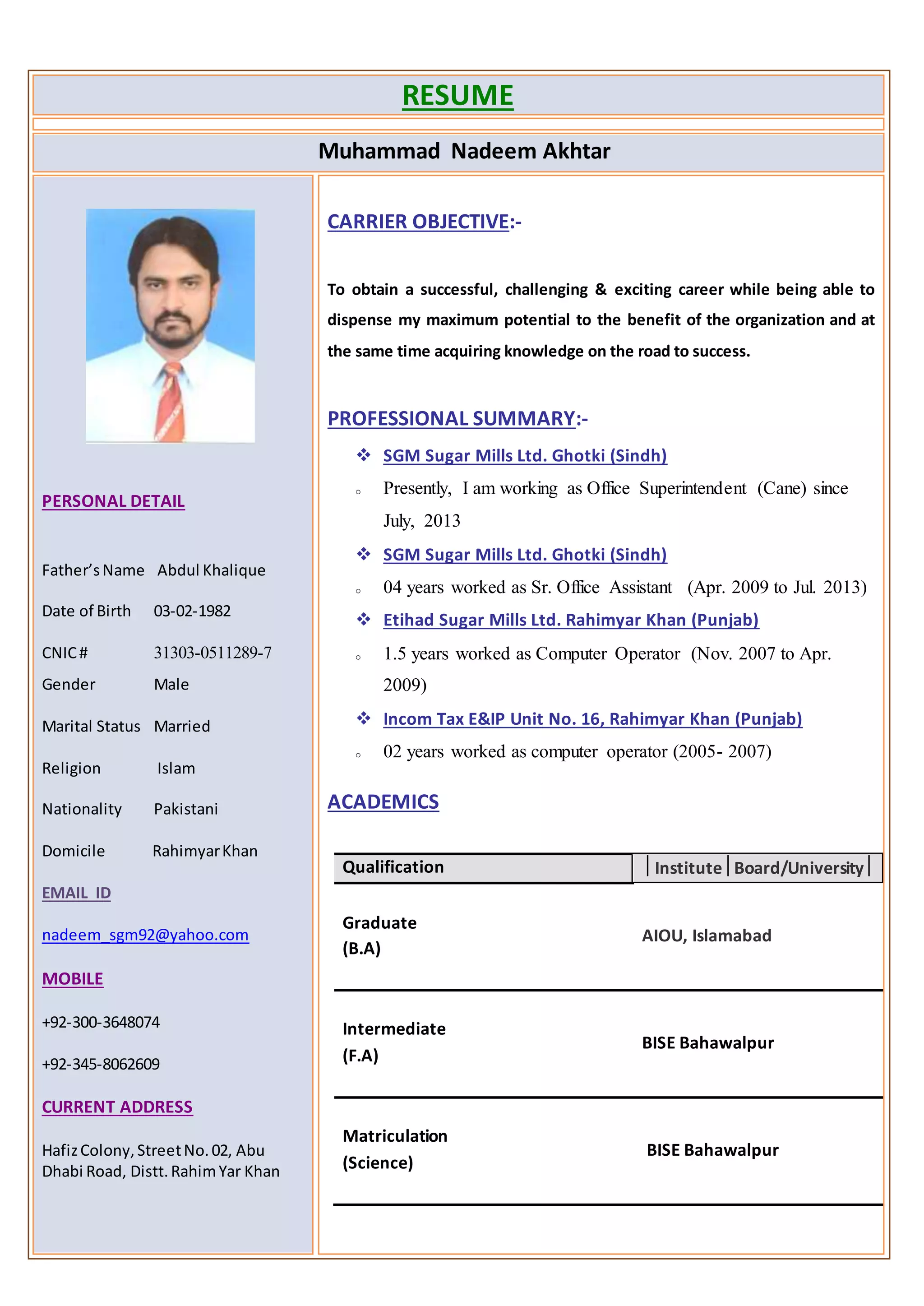 CV of Muhmmad Nadeem Akhtar July 2014 (2) | DOCX