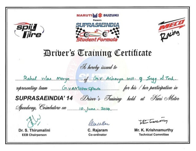 Supra Driver Traning Certificate