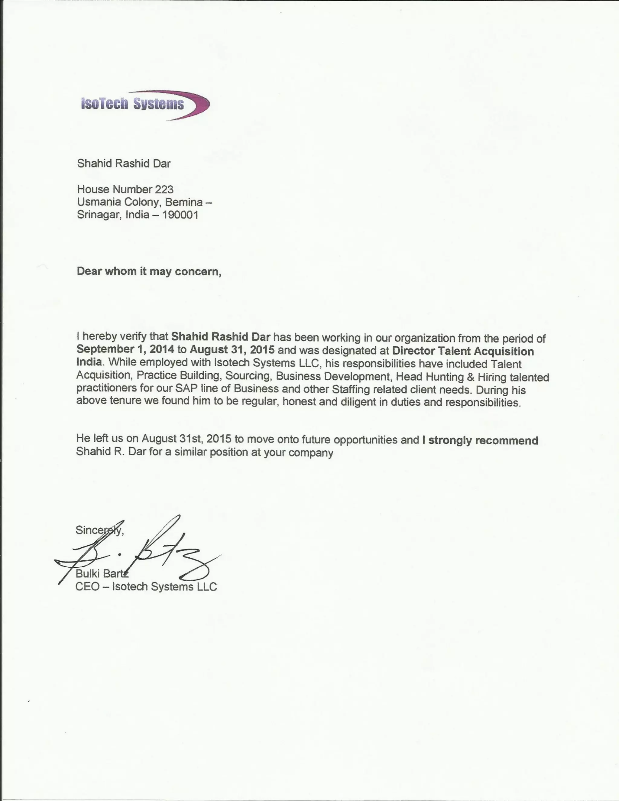 Shahid Rashid Dar Experience Letter - IsoTech | PDF