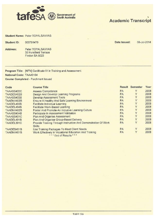 University and Tafe Transcripts | PDF