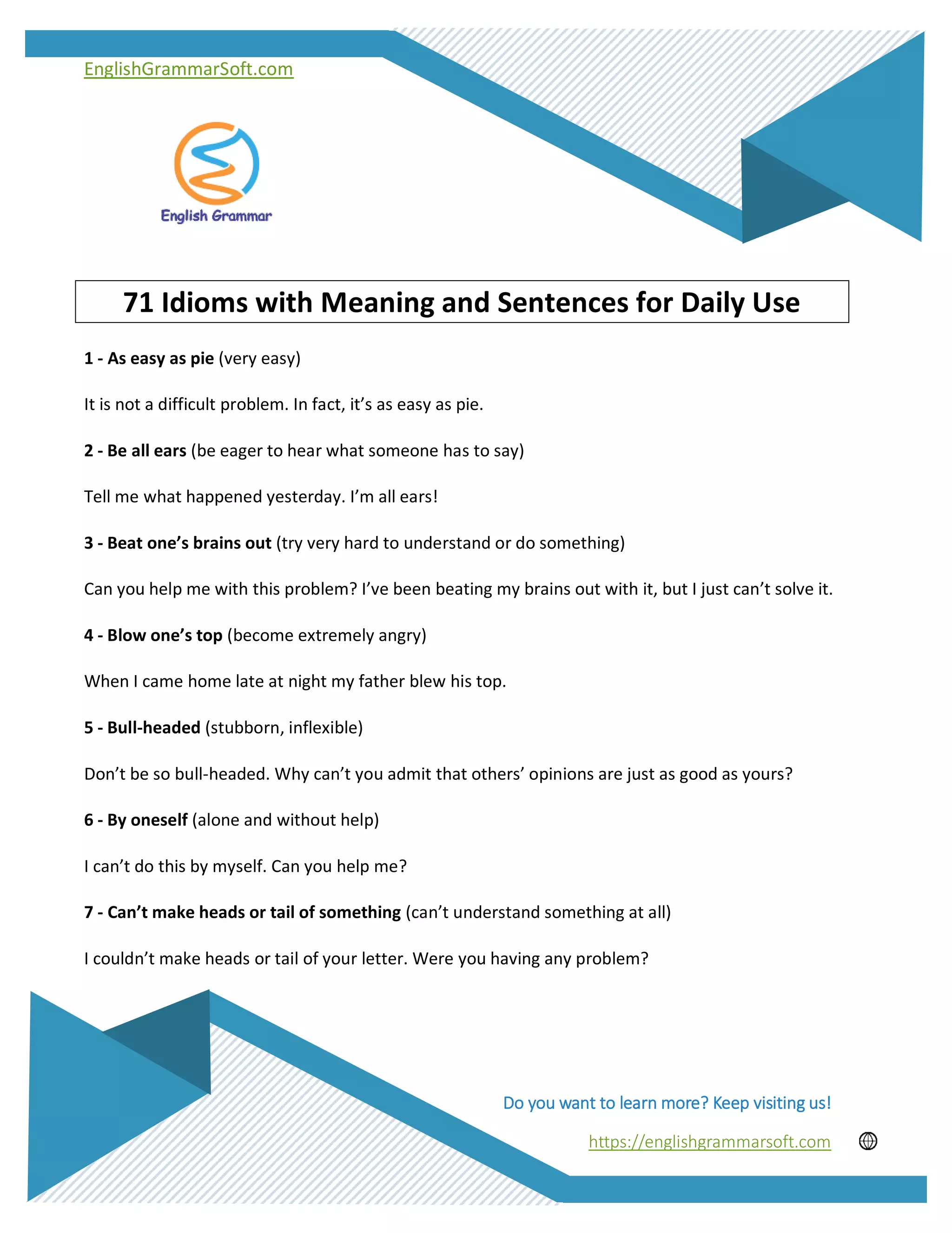 71 idioms with meaning and sentences for daily use | PDF | Internet for ...
