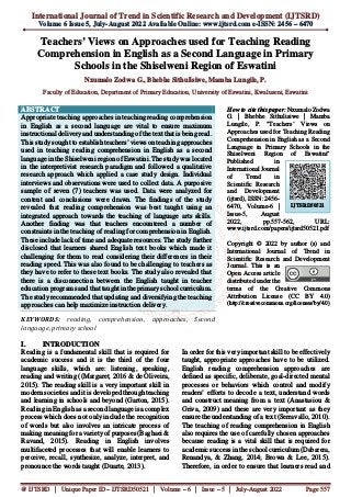 Teachers’ Views on Approaches used for Teaching Reading Comprehension ...