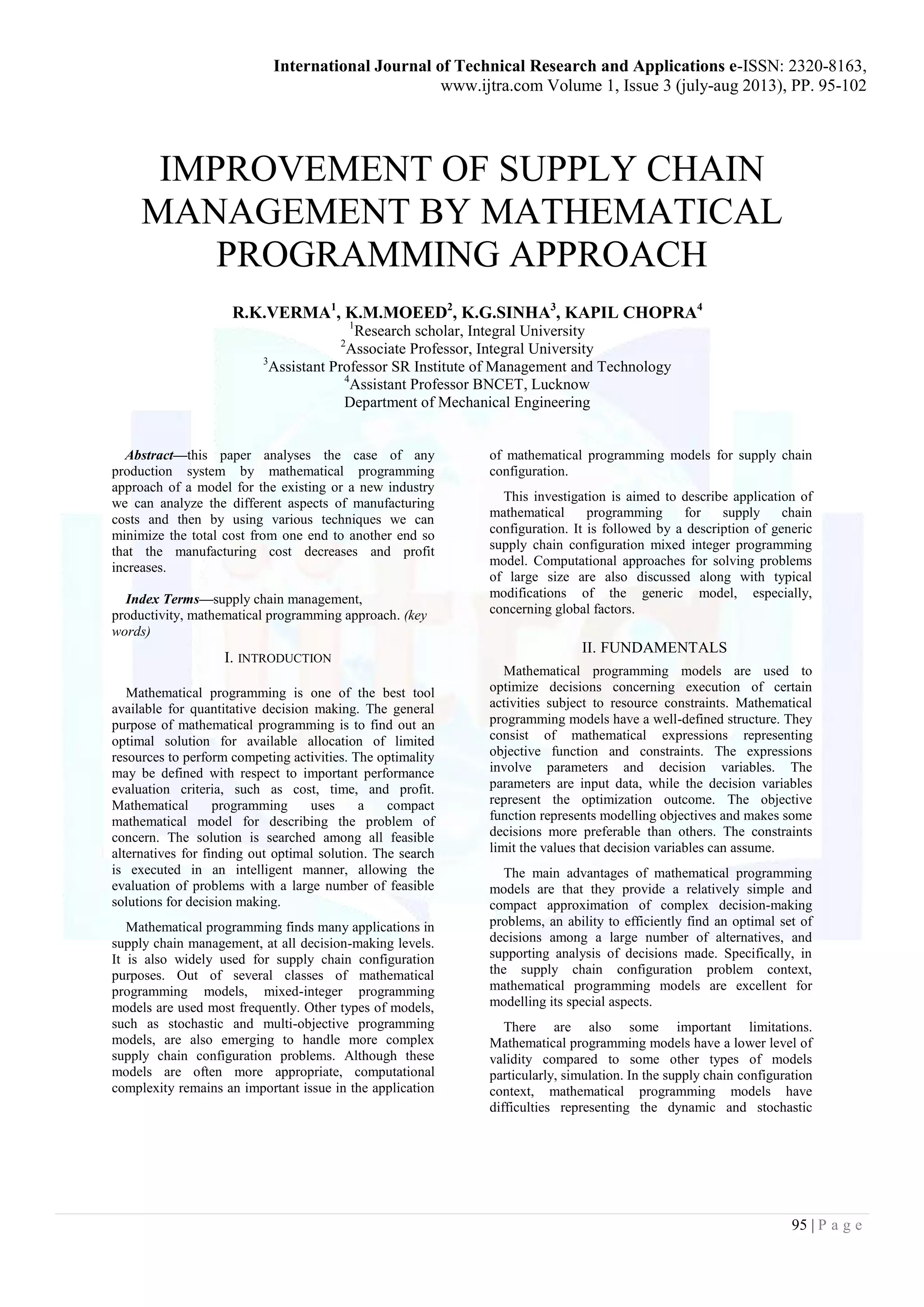 IMPROVEMENT OF SUPPLY CHAIN MANAGEMENT BY MATHEMATICAL PROGRAMMING APPROACH | PDF
