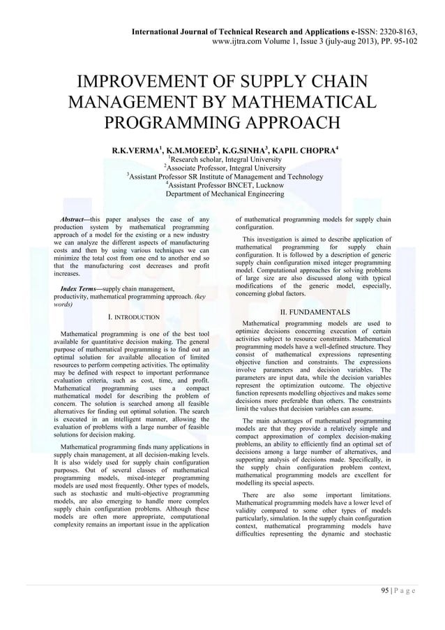 IMPROVEMENT OF SUPPLY CHAIN MANAGEMENT BY MATHEMATICAL PROGRAMMING ...