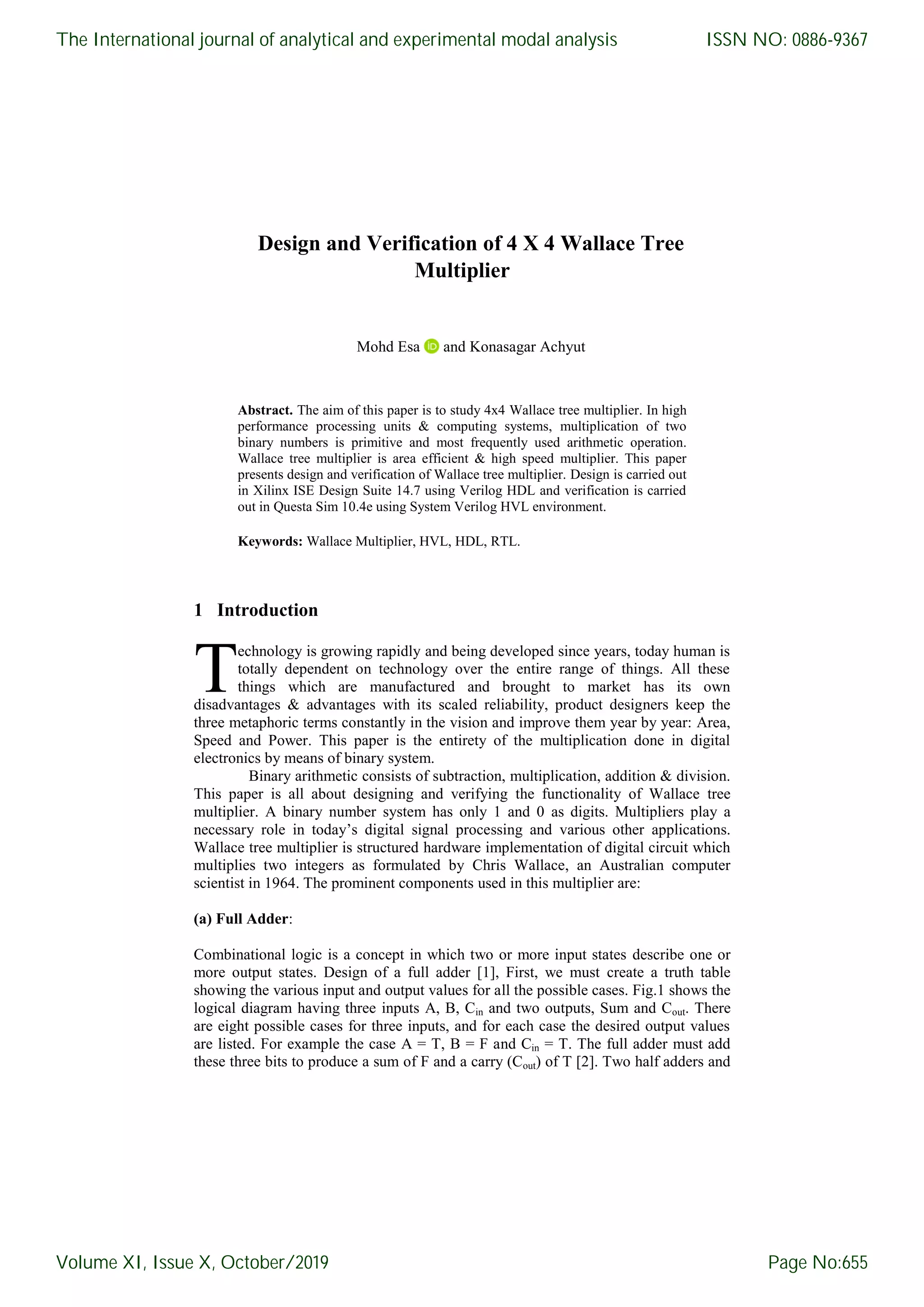 Design and Verification of 4 X 4 Wallace Tree Multiplier | PDF