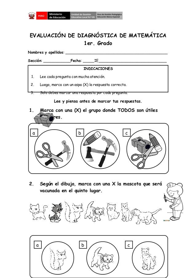 EVALUACIÓN DIAGNÓSTICO de Matemática- 1° grado