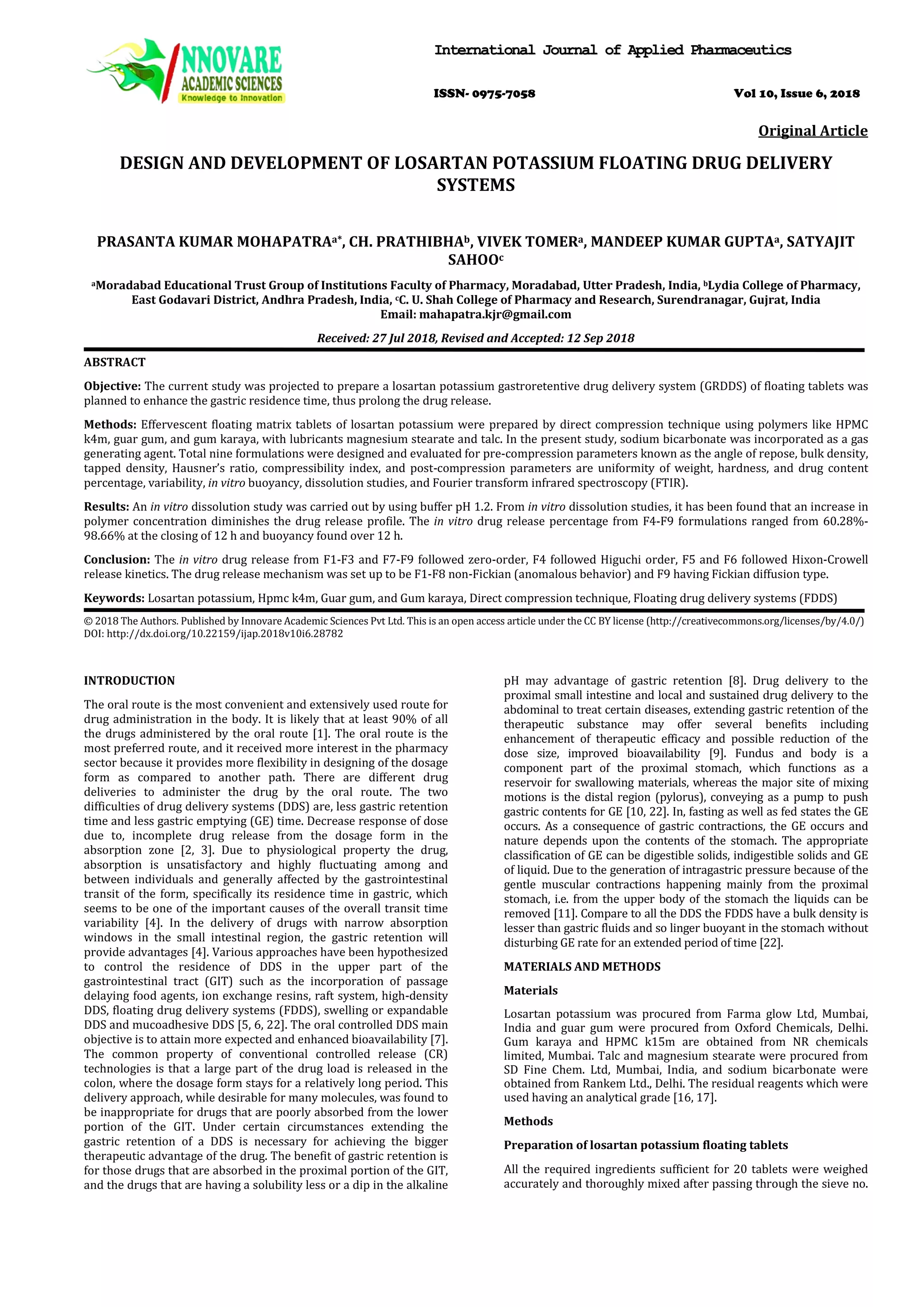Design and Development of Losartan Potassium Floating Drug Delivery ...