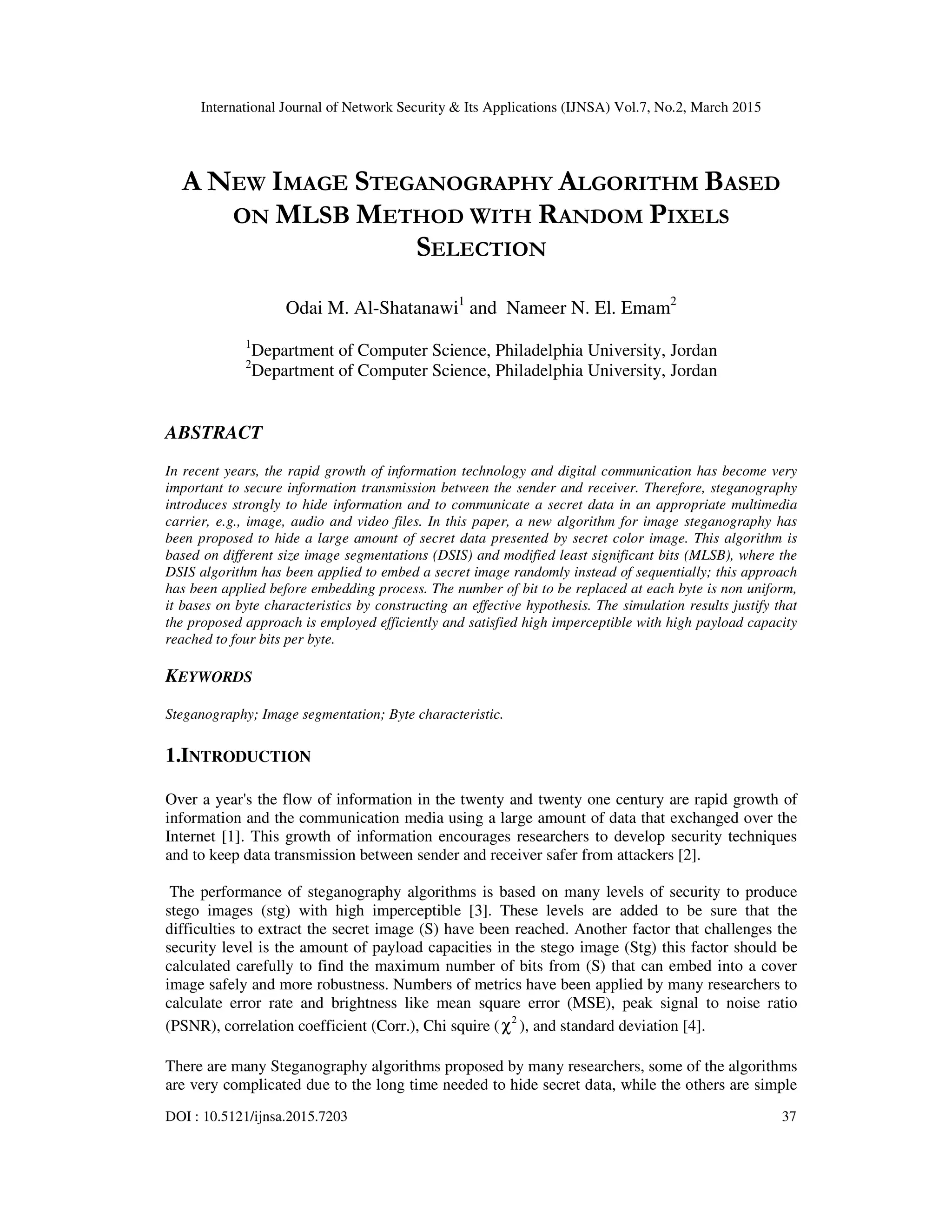A New Image Steganography Algorithm Based On Mlsb Method With Random Pixels Selection Pdf