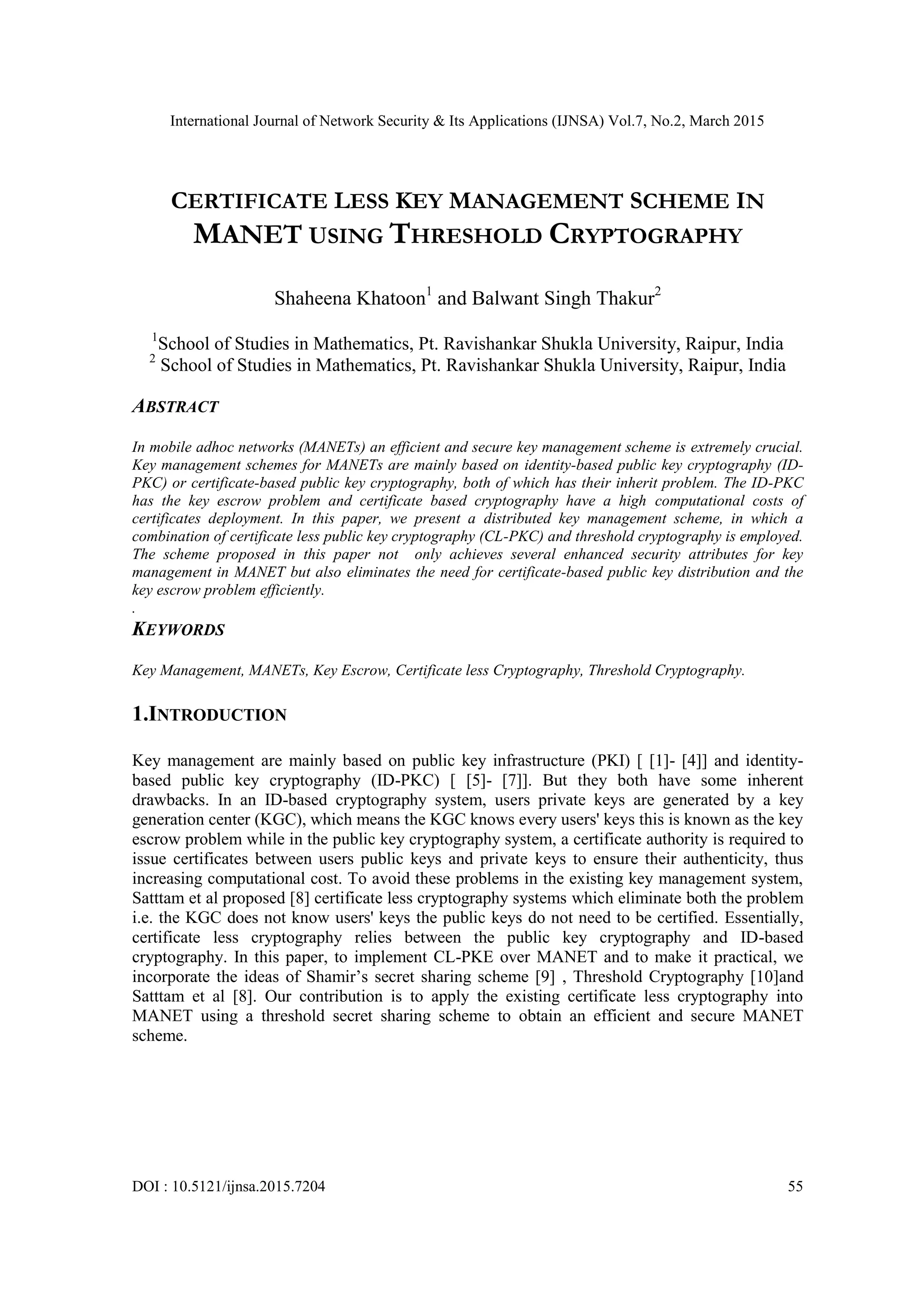 CERTIFICATE LESS KEY MANAGEMENT SCHEME IN MANET USING THRESHOLD CRYPTOGRAPHY | PDF