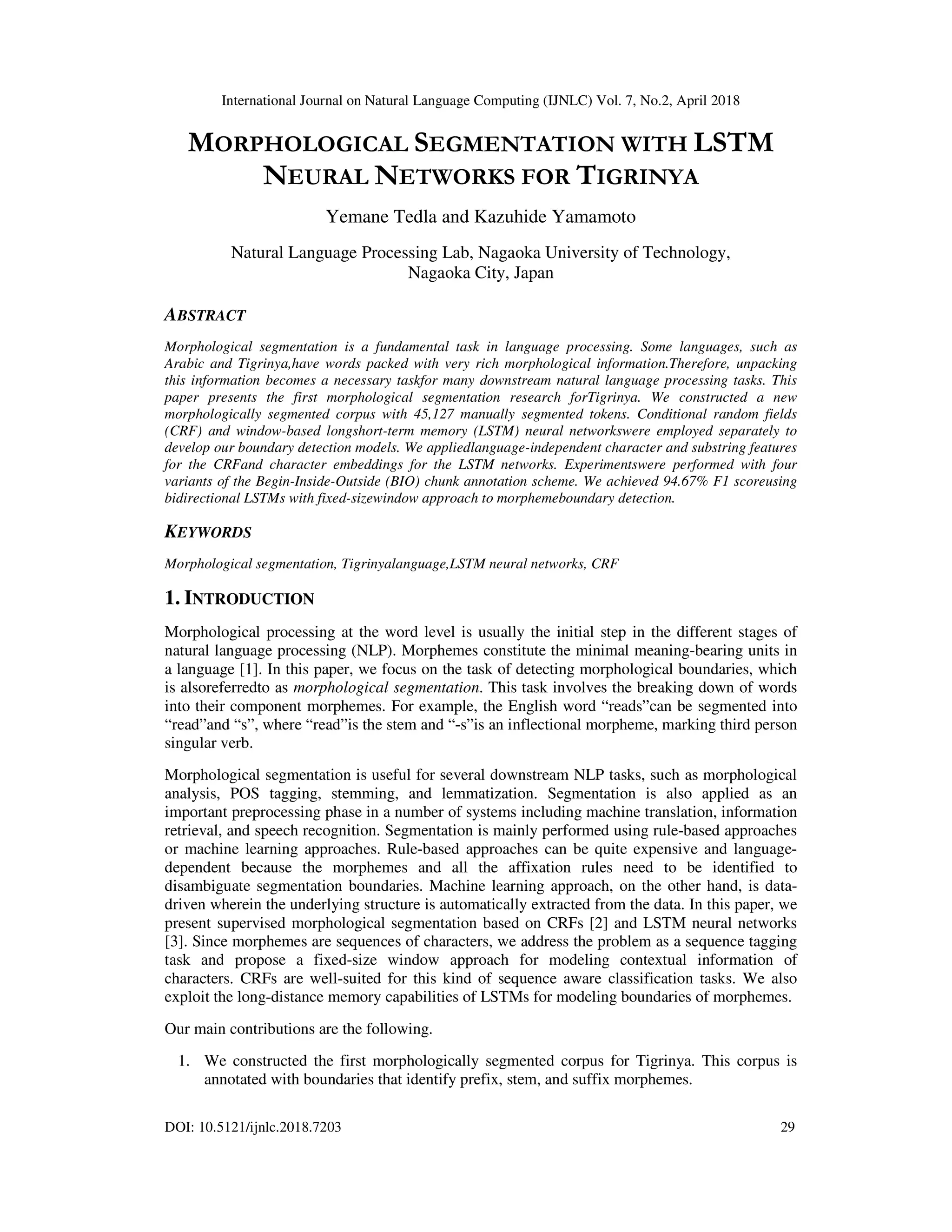 MORPHOLOGICAL SEGMENTATION WITH LSTM NEURAL NETWORKS FOR TIGRINYA | PDF