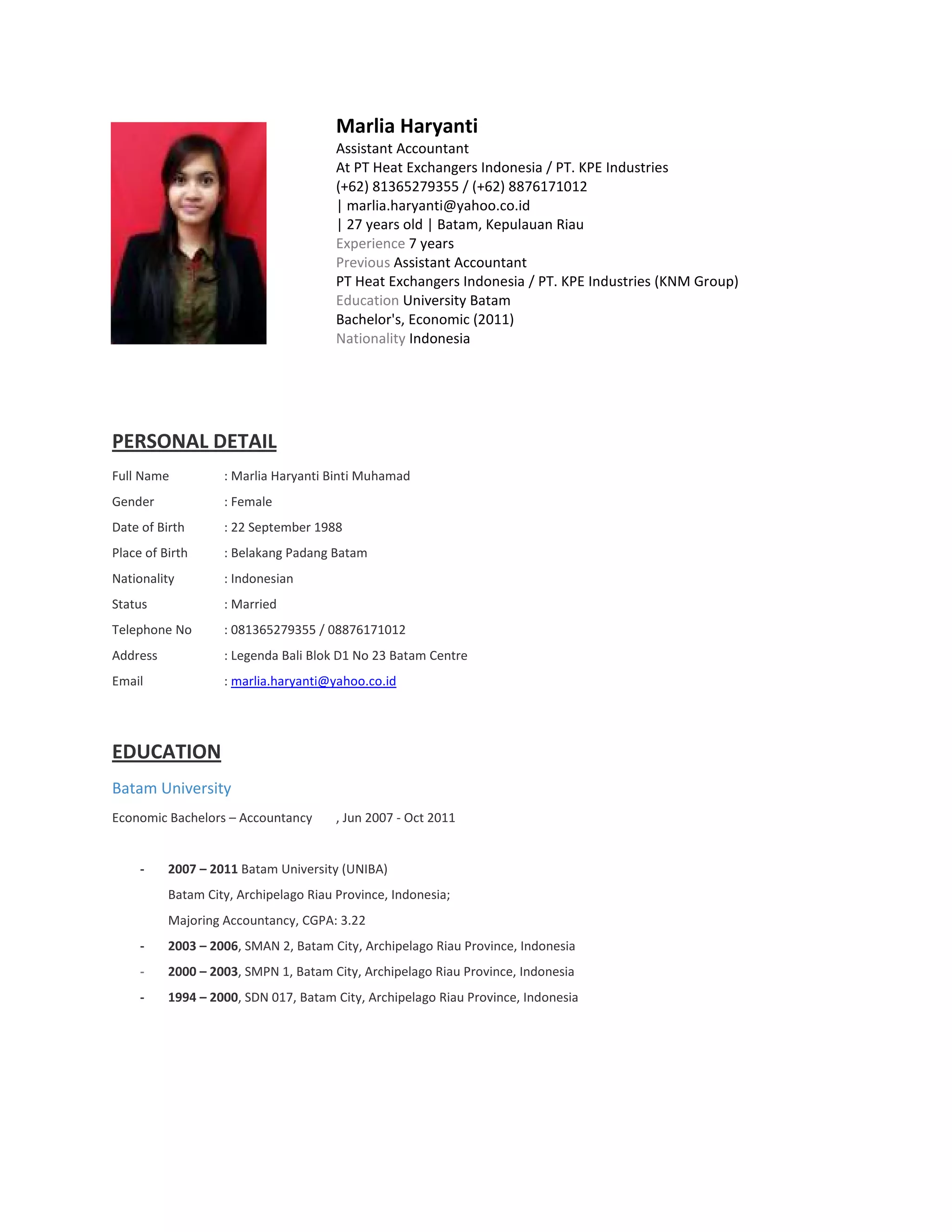 Curiculum Vitae - Marlia Haryanti | PDF