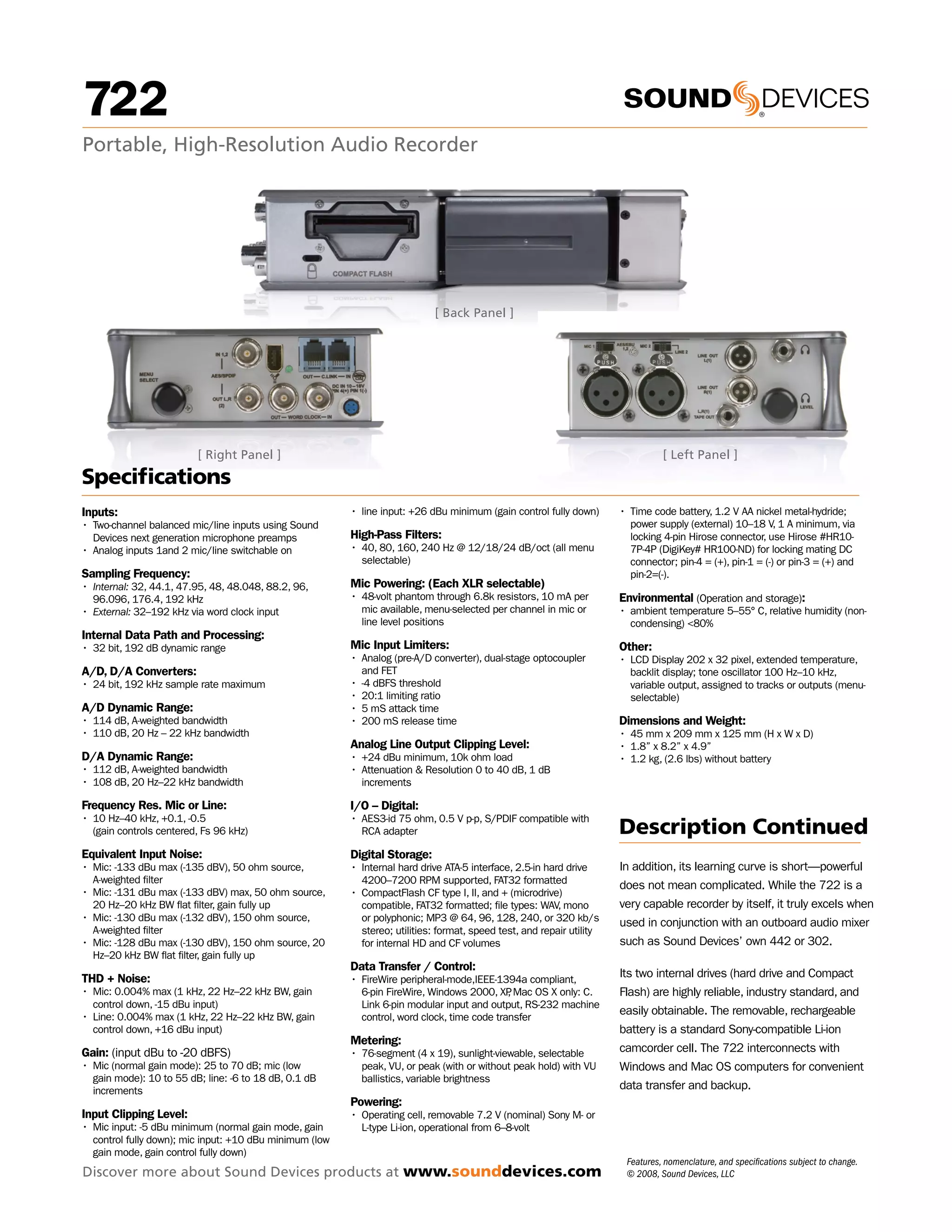 Sound Devices 722 | PDF