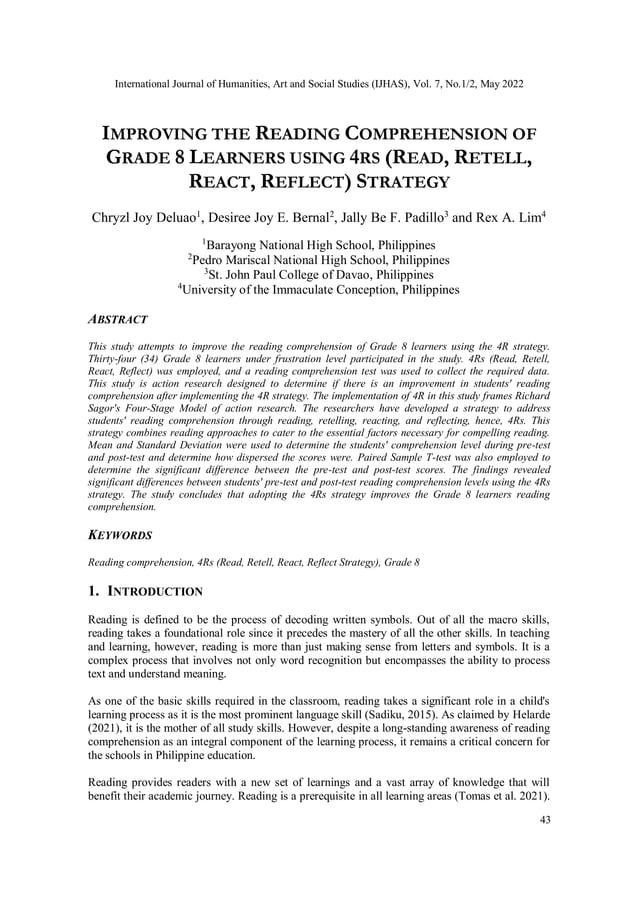 IMPROVING THE READING COMPREHENSION OF GRADE 8 LEARNERS USING 4RS (READ ...