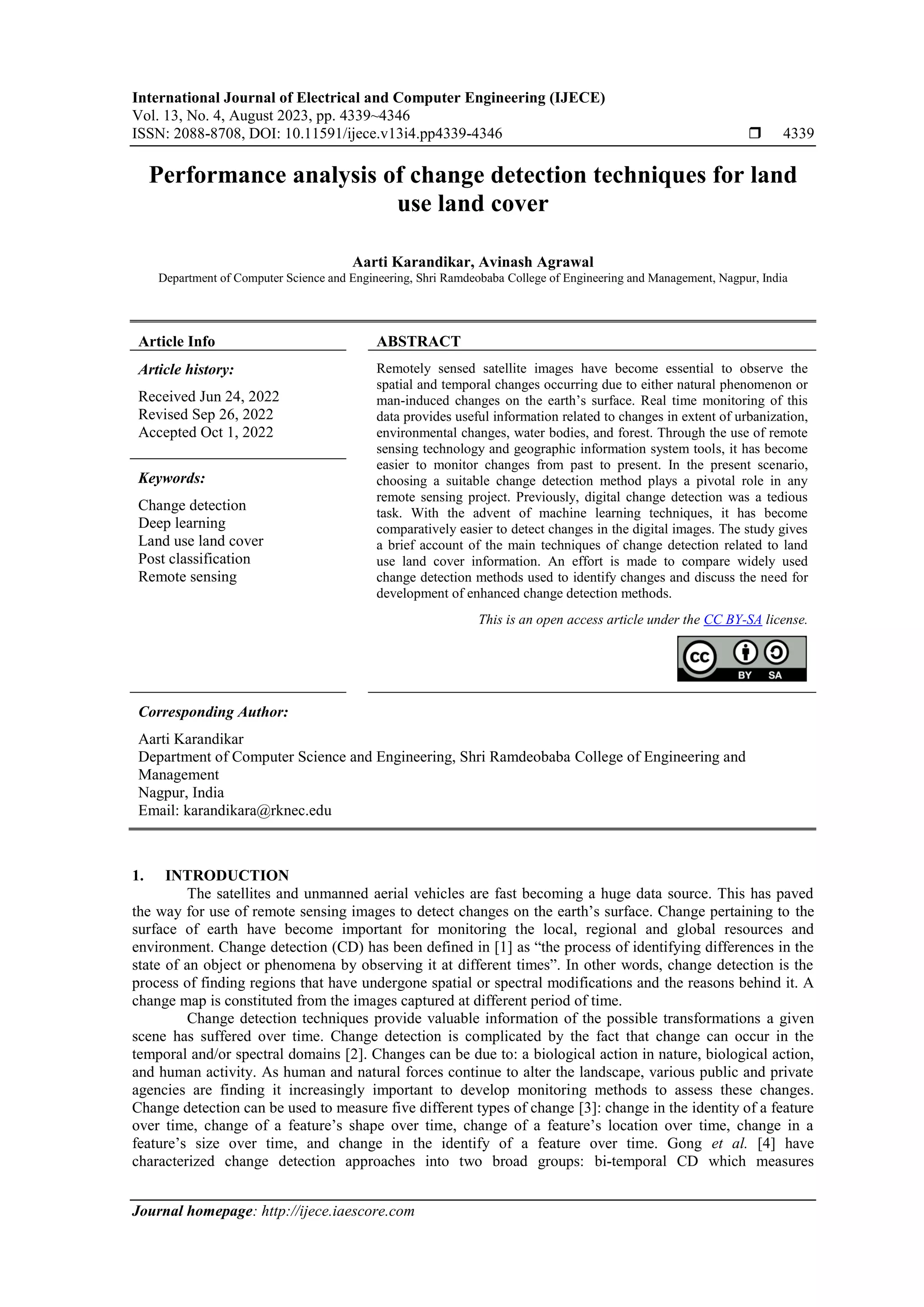 Performance analysis of change detection techniques for land use land cover | PDF