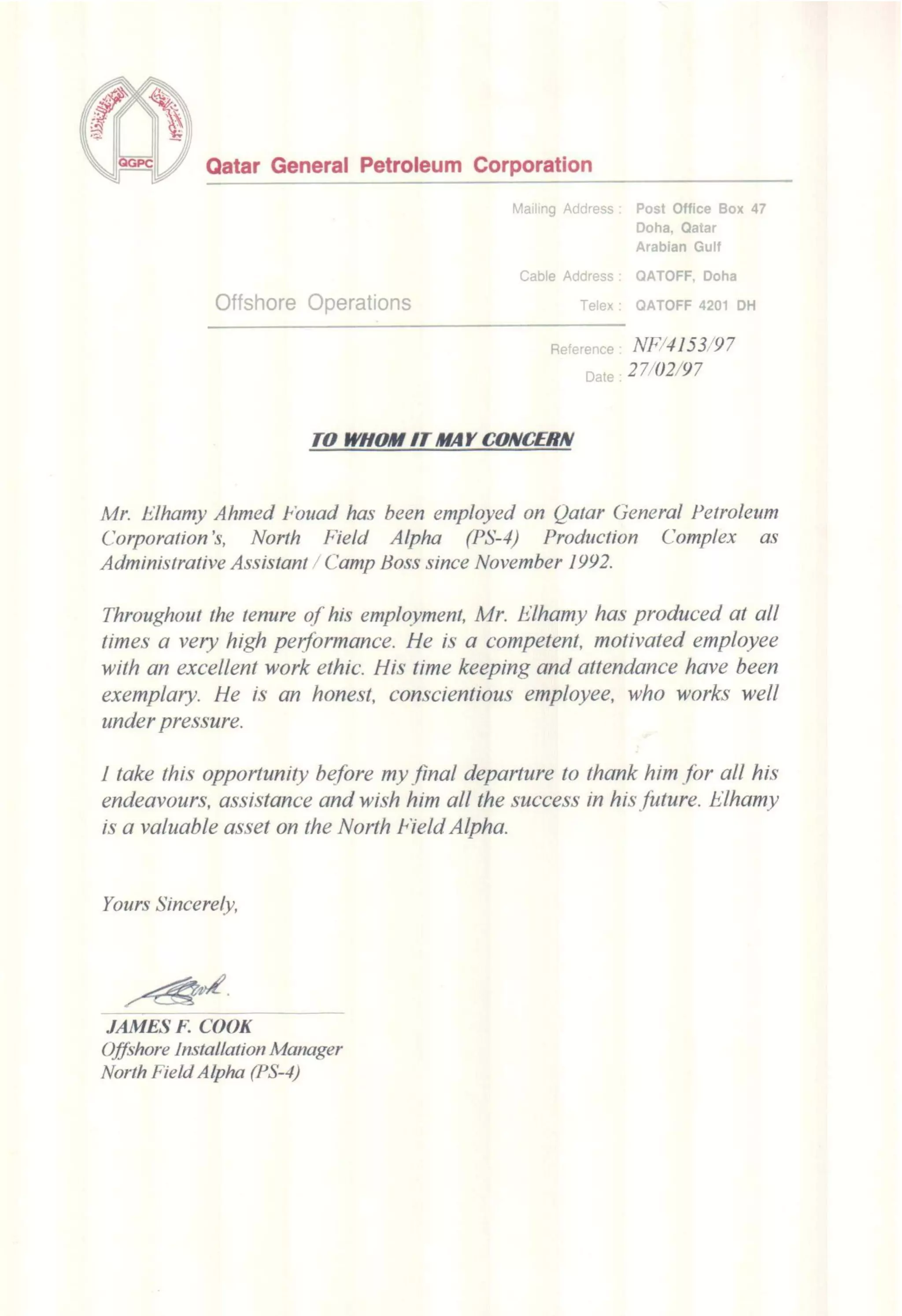 James F. Cook Reference Letter | PDF